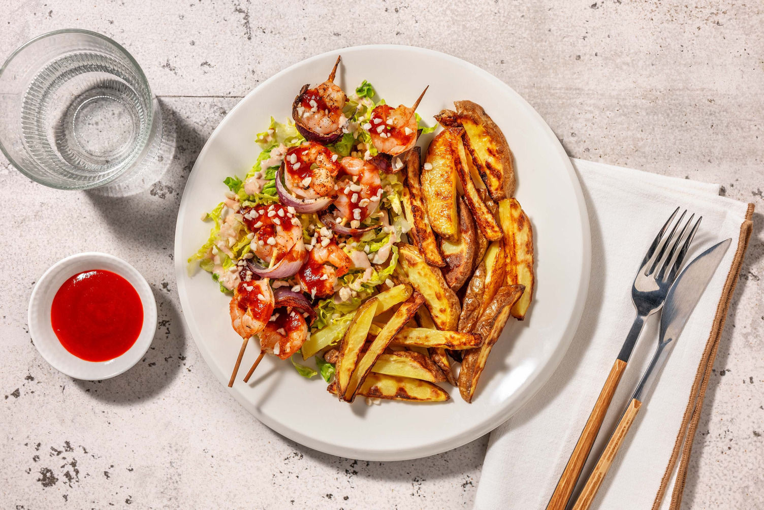 Honey-Gochujang Prawn Skewers and Chips Recipe | HelloFresh