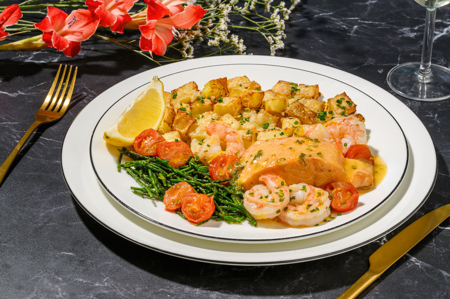 Lemon & Herb Salmon and Garlic Butter King Prawns Recipe | HelloFresh