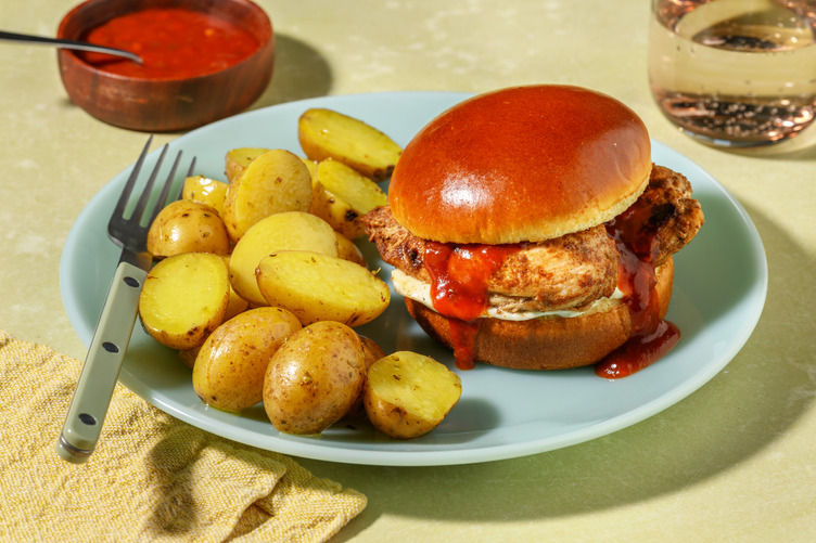 Cheesy Chicken Burger with Herby Potatoes Recipe | HelloFresh