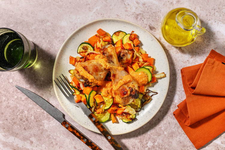 ¡Directo al horno! Jamoncitos de pollo con salsa romesco | HelloFresh