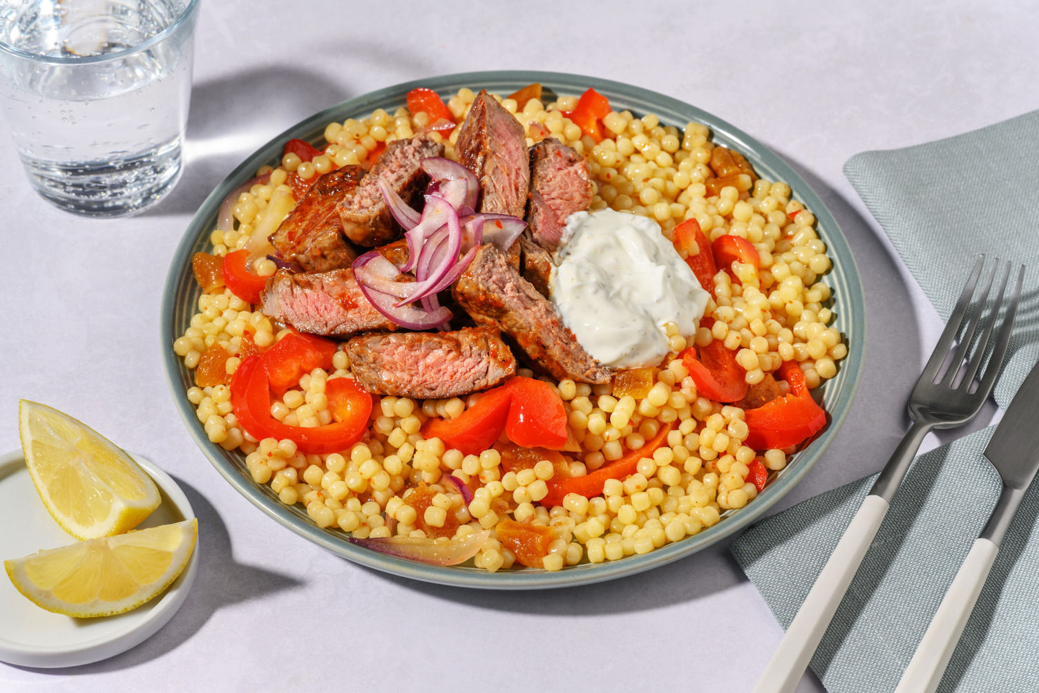 Harissa Lamb Steaks and Pearl Couscous Salad Recipe | HelloFresh