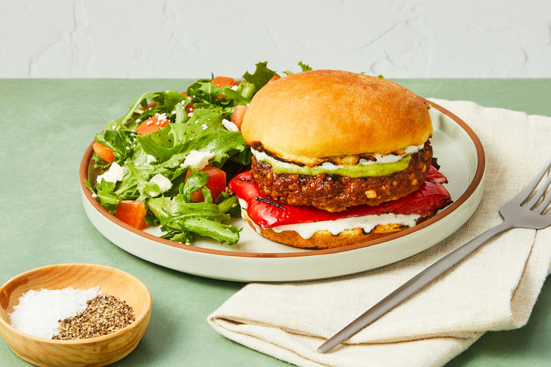 Beyond Meat® Burgers with Grilled Peppers Recipe | HelloFresh
