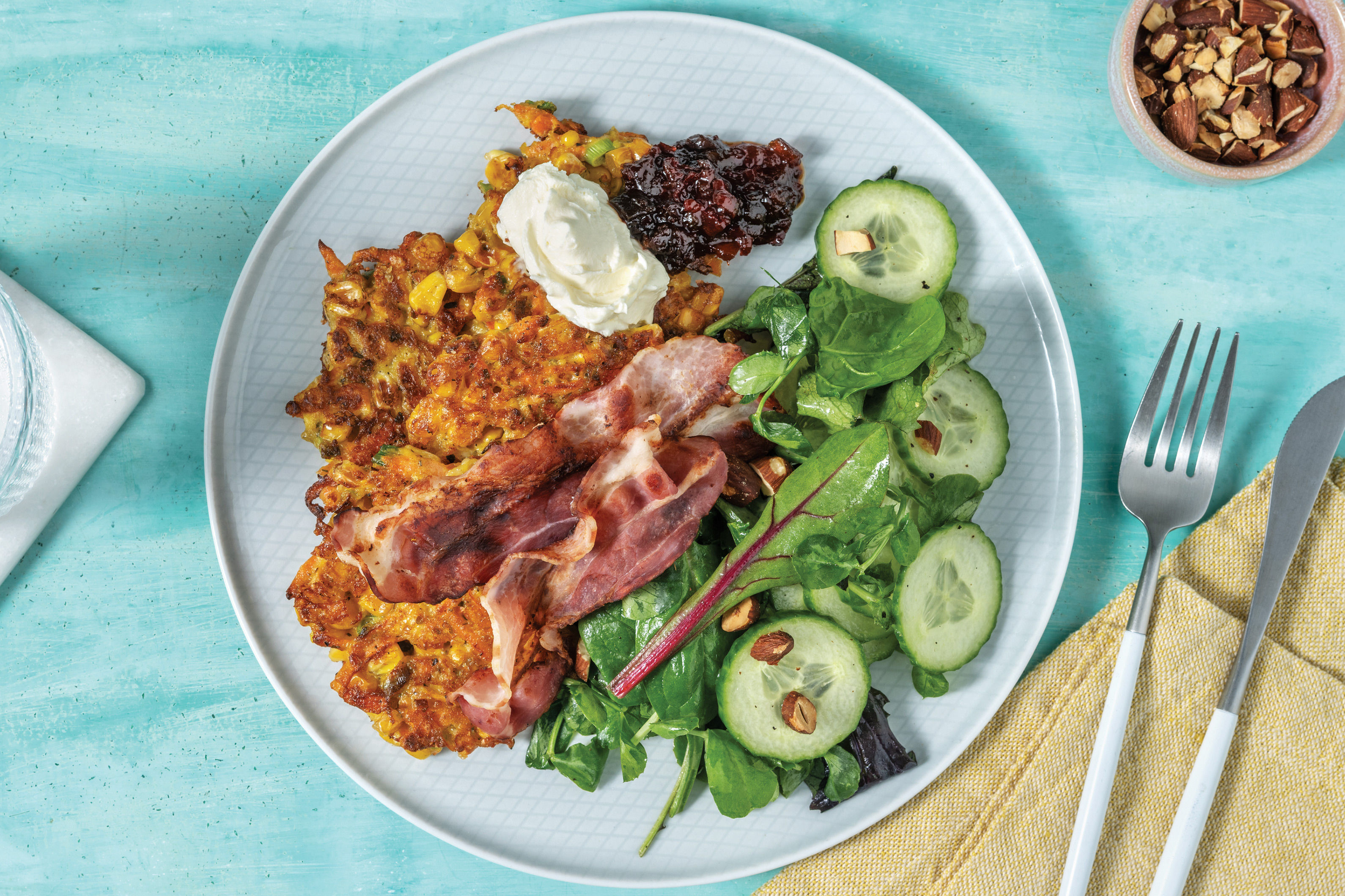 Bacon & Corn Fritter Stack Recipe | HelloFresh