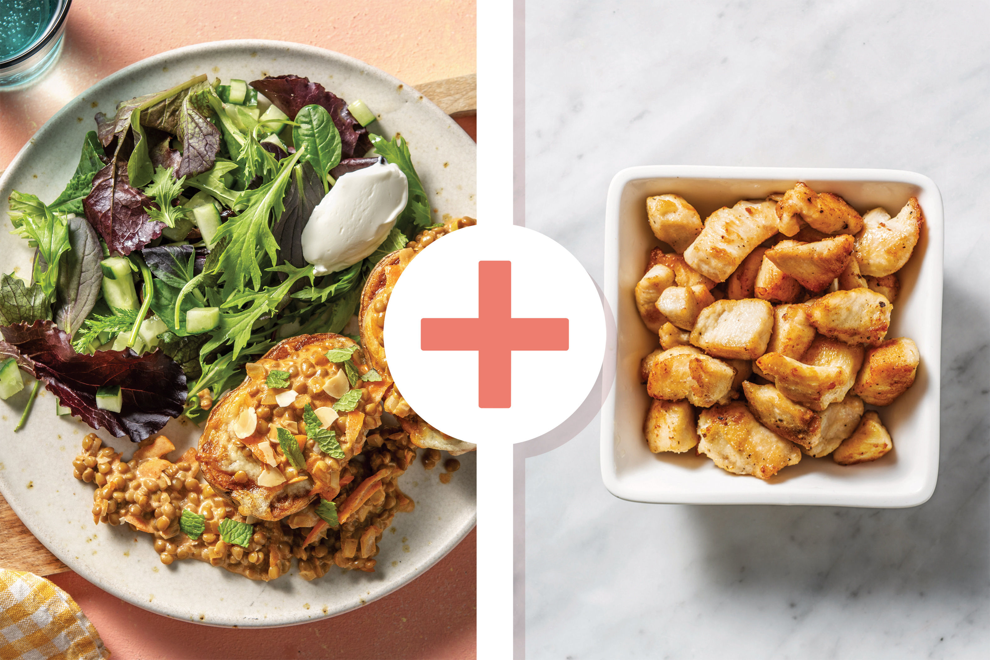 Plant-Based Cheezy Chicken & Dhal-Loaded Potatoes Recipe | HelloFresh