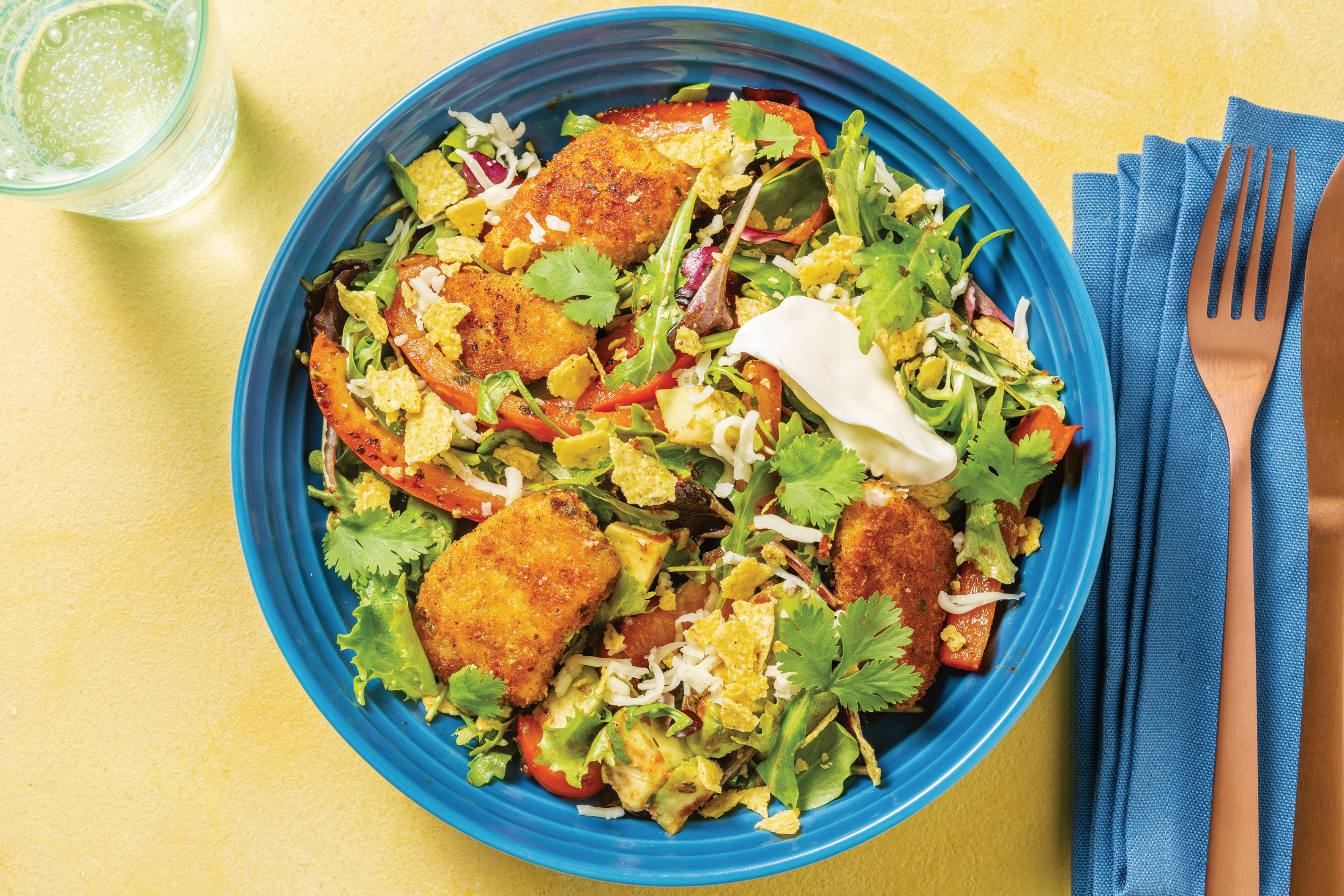 BBQ Crumbed Chicken & Corn Chip Salad with Avocado & Sour Cream Recipe ...