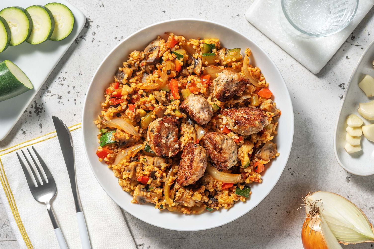 Boulgour à l'italienne et boulettes de poulet Recette | HelloFresh
