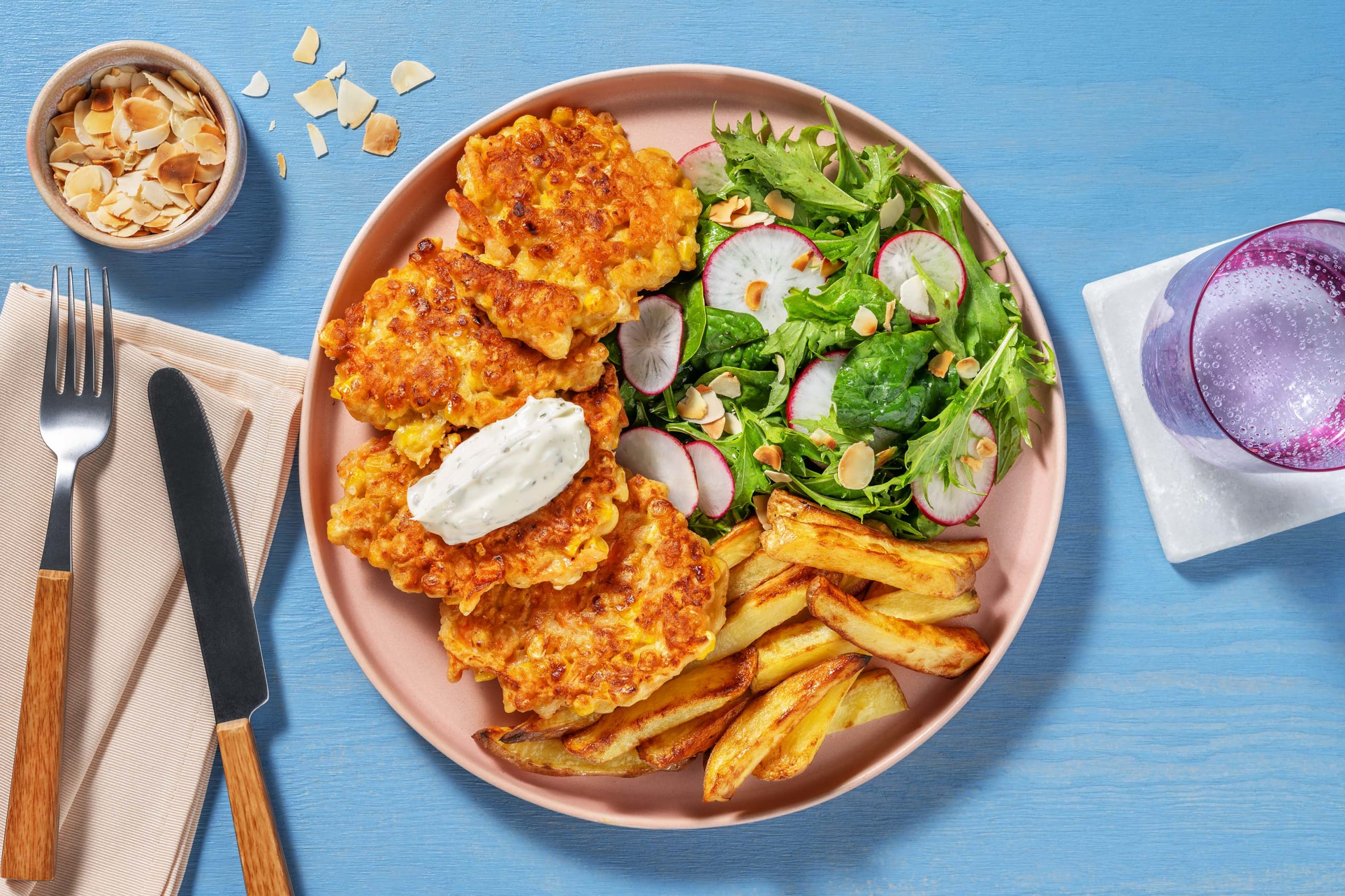 Cheesy Corn Fritters & Potato Fries Recipe | HelloFresh