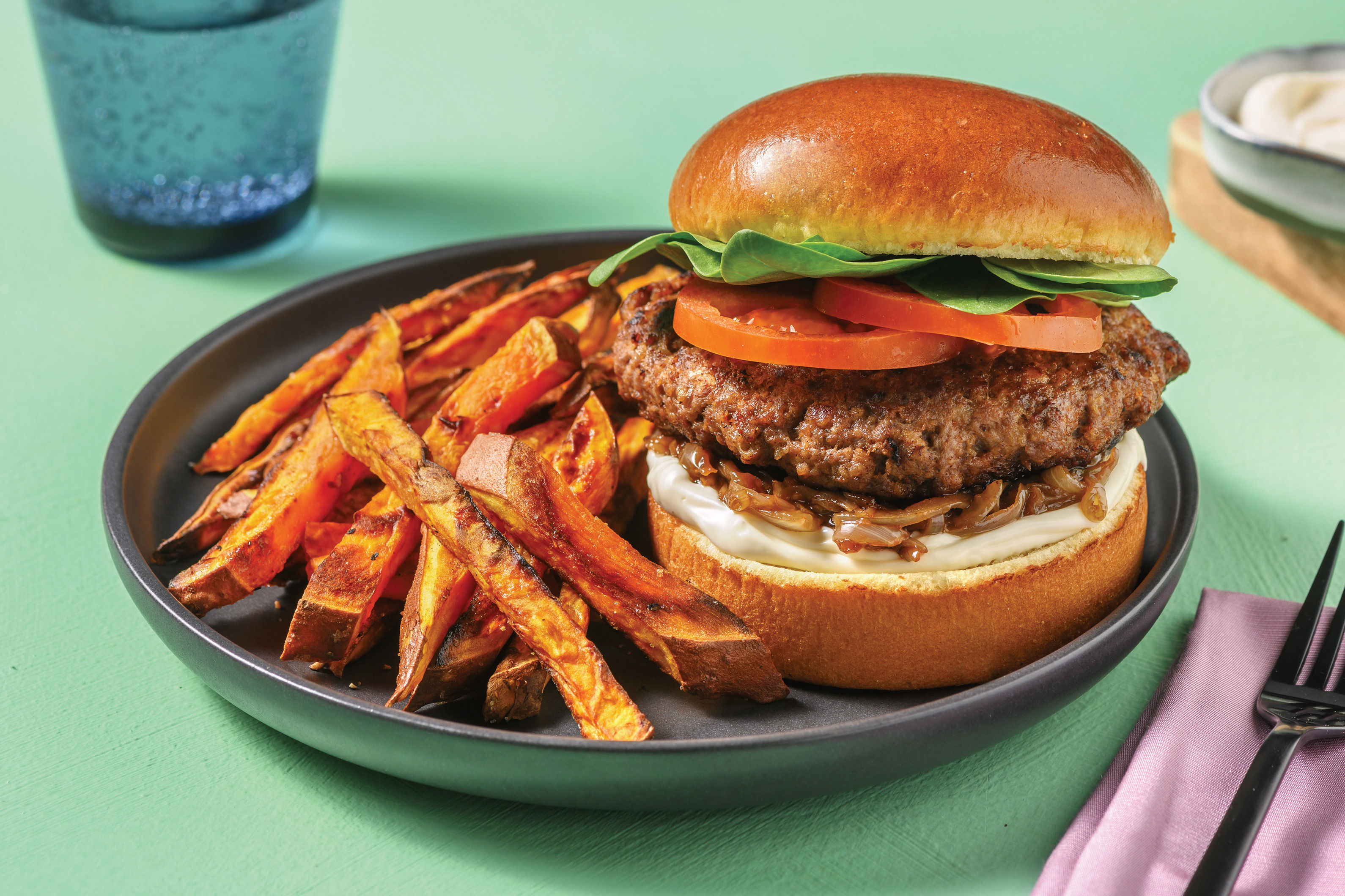 Dijon Beef Burger & Sweet Potato Fries Recipe | HelloFresh