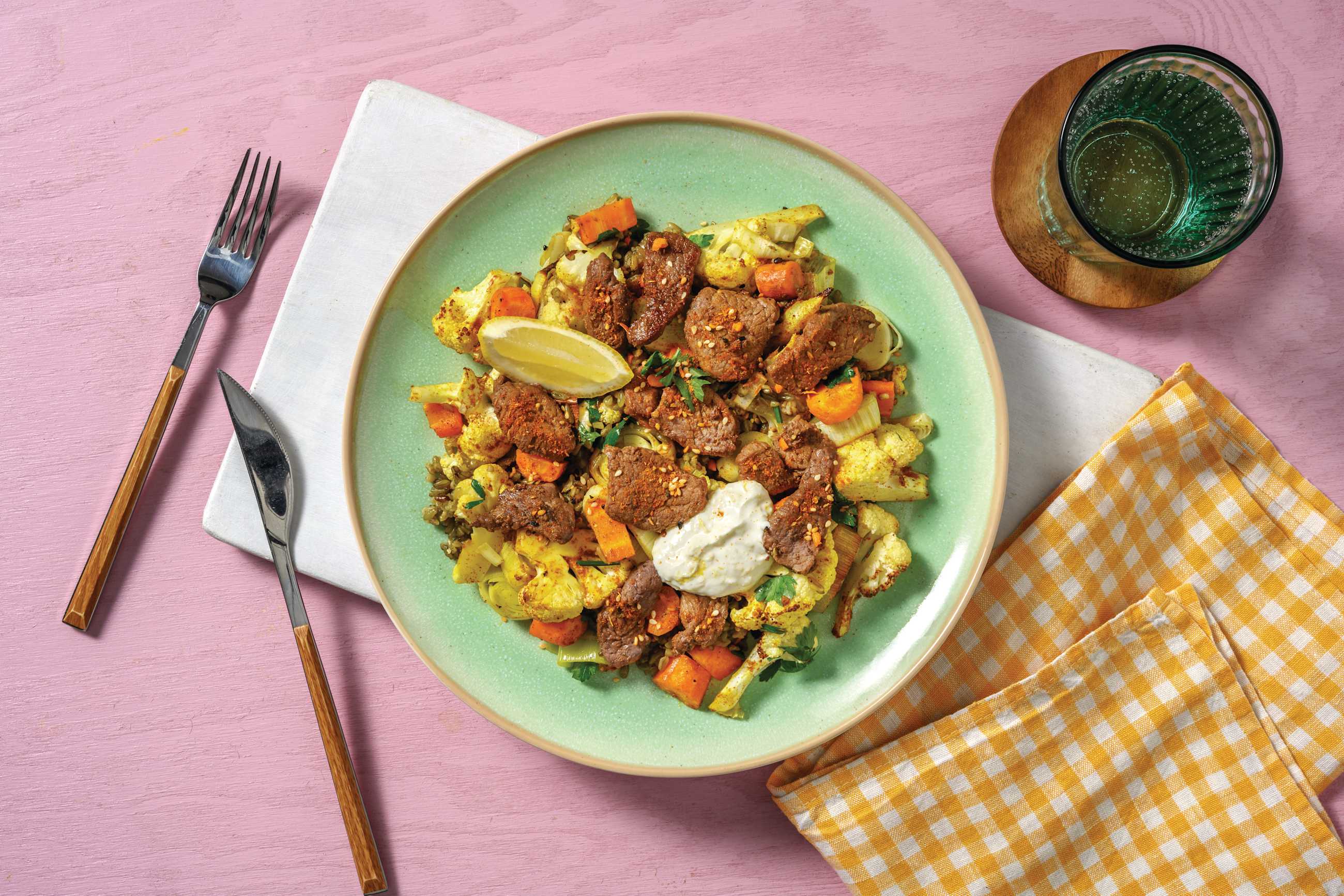 Spiced-Honey Beef & Roast Veggie Freekeh Recipe | HelloFresh