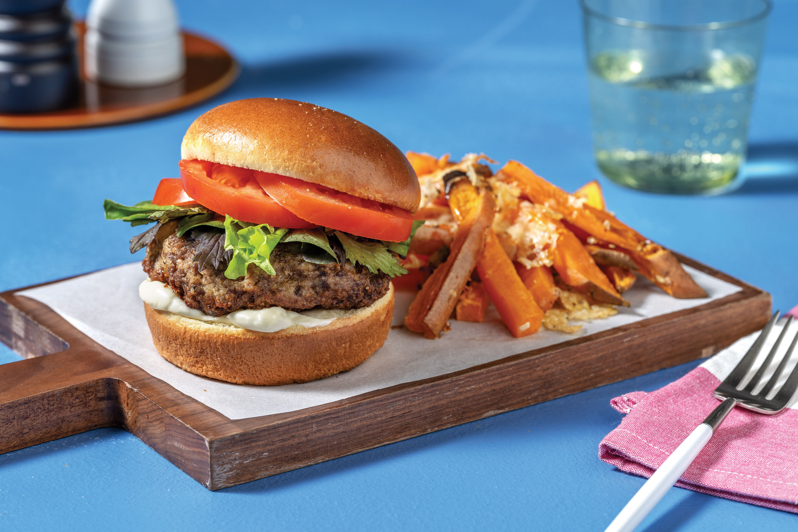 Beef Burger & Sweet Potato Parmesan Fries Recipe | HelloFresh