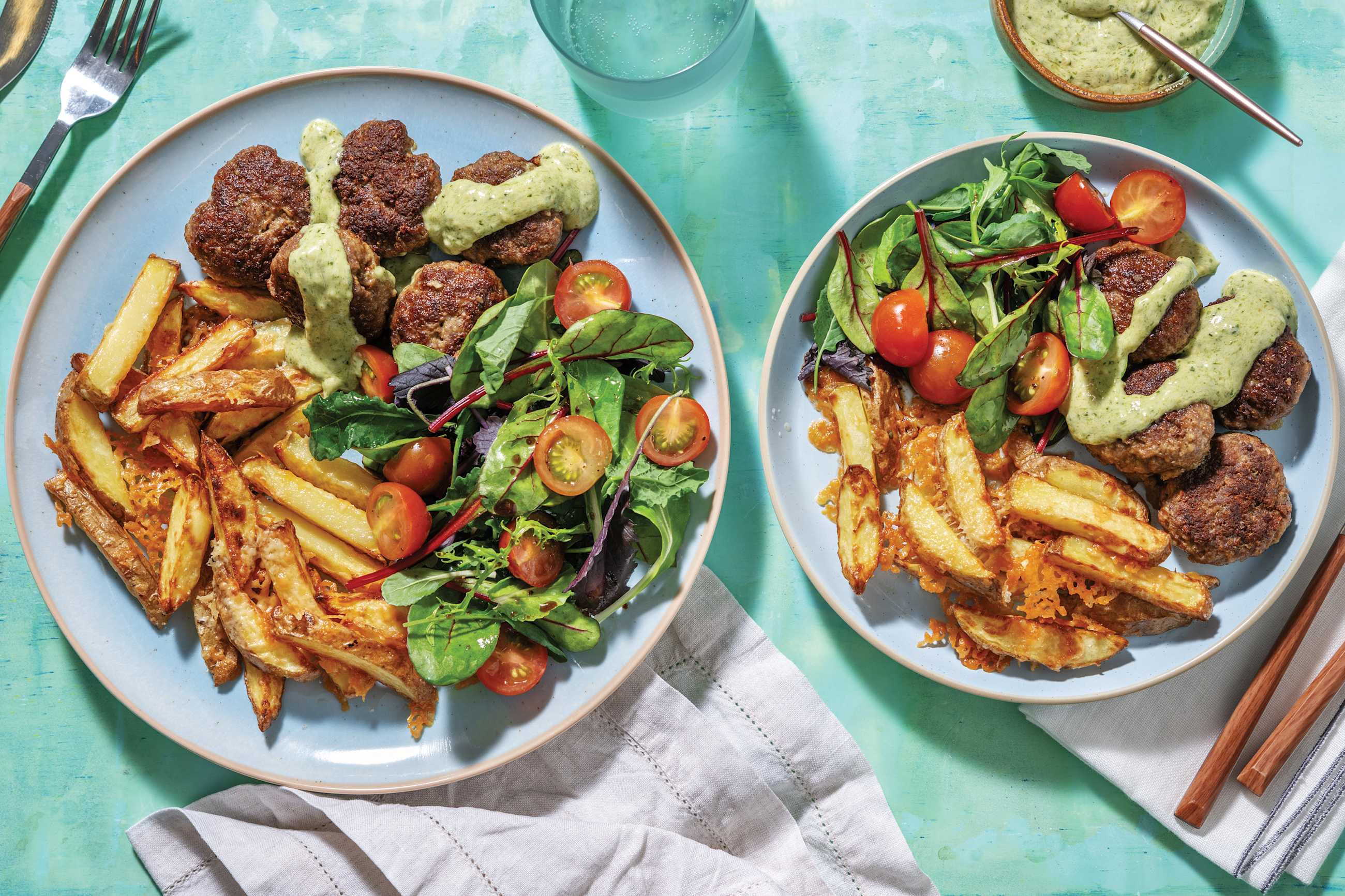 Mediterranean Beef Rissoles & Cheesy Potato Wedges Recipe | HelloFresh