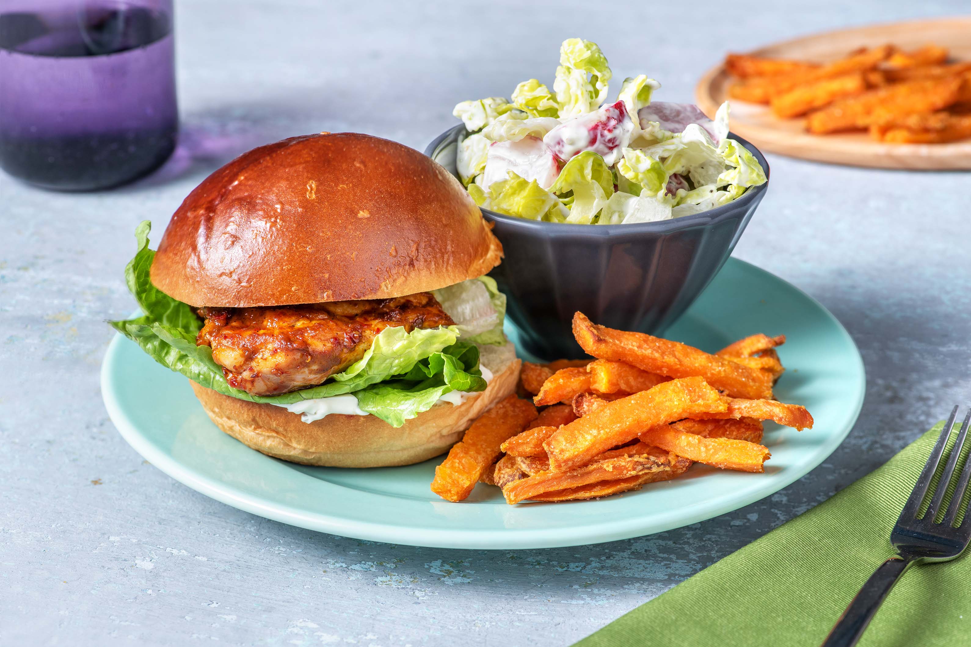 Szechuan Chicken Burger & Sweet Potato Fries Recipe | HelloFresh