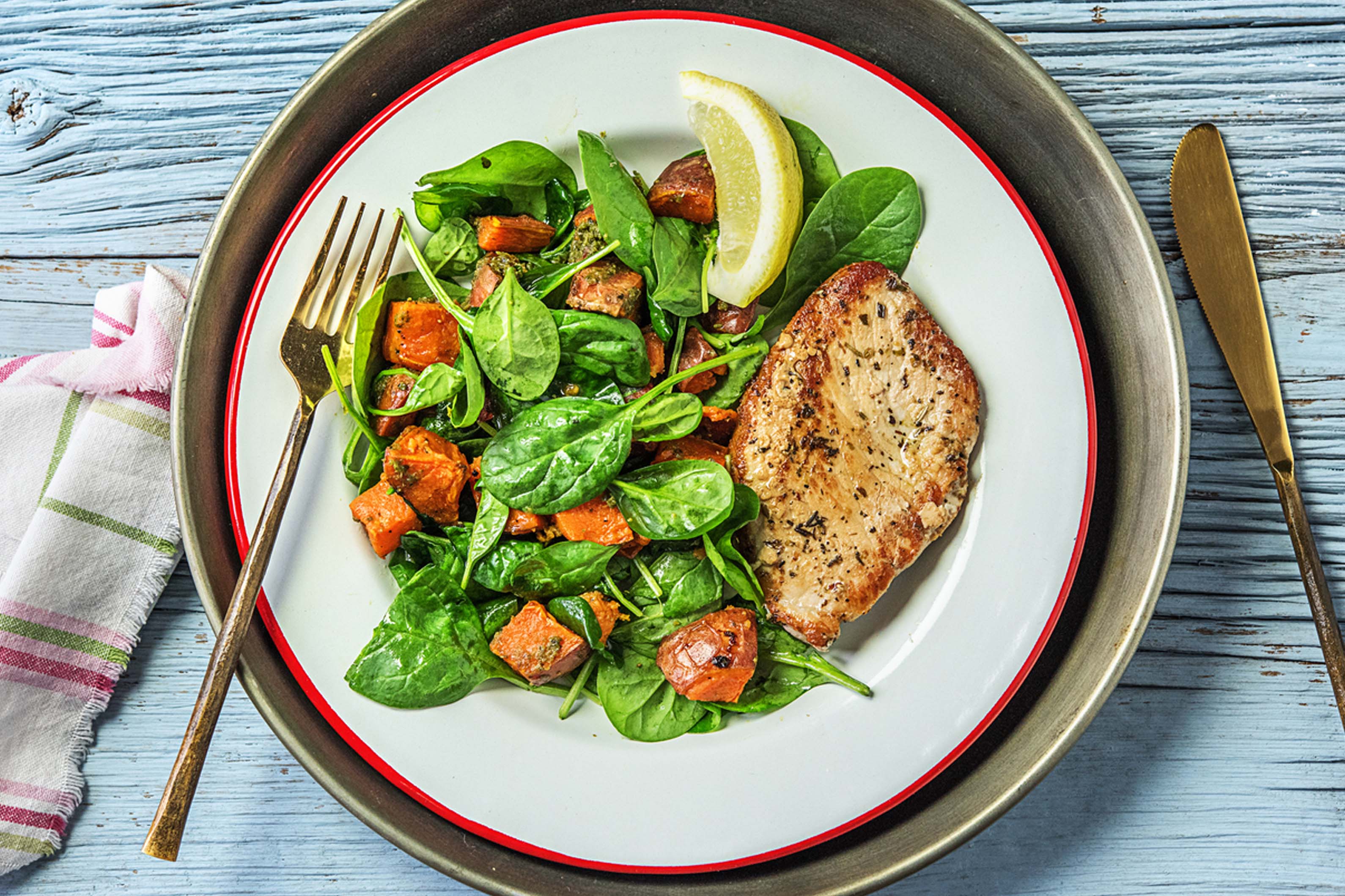 Herbed Pork with Roast Pesto Vegetables Recipe | HelloFresh