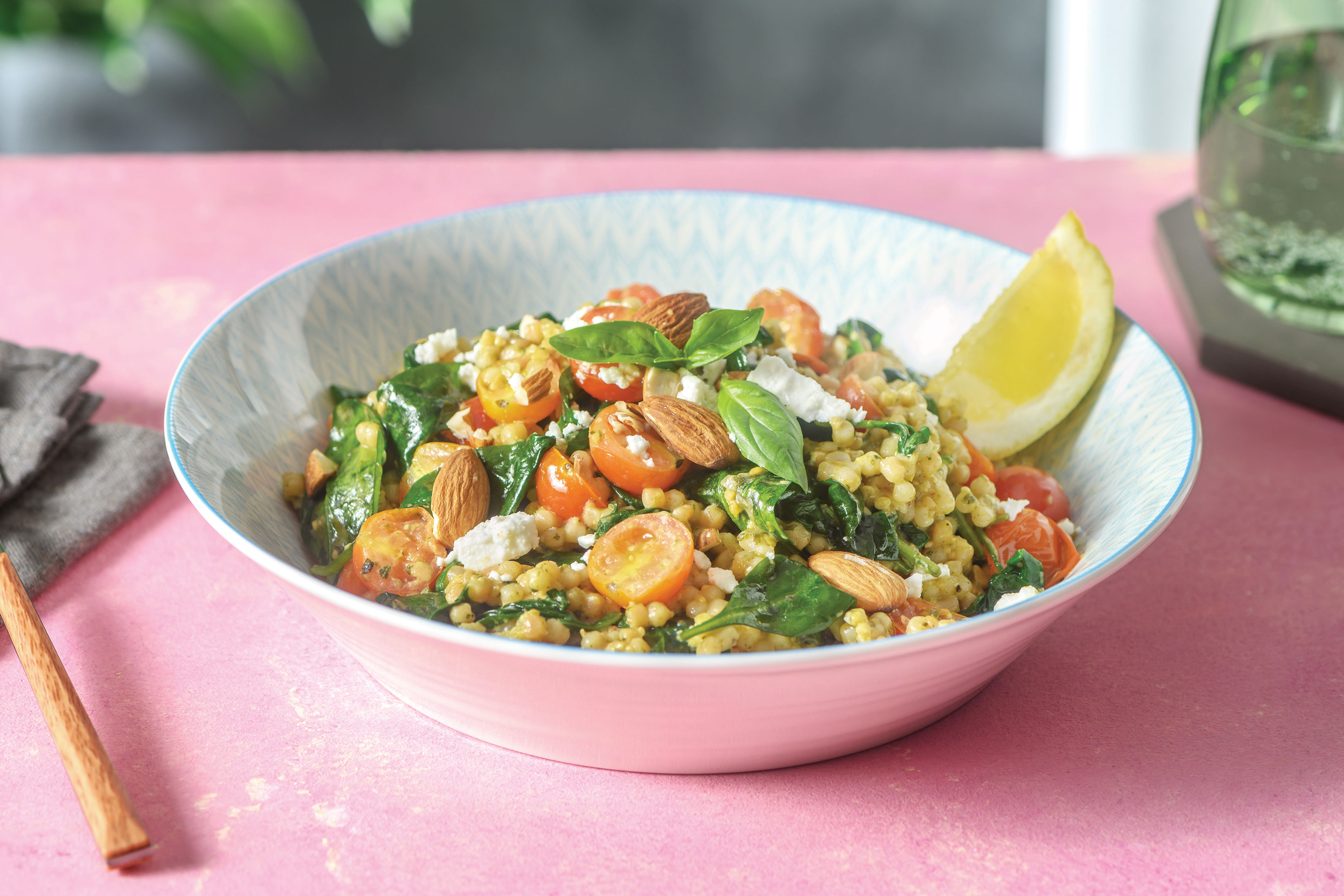 Pesto & Tomato Pearl Couscous Salad with Creamy Fetta & Almonds Recipe ...