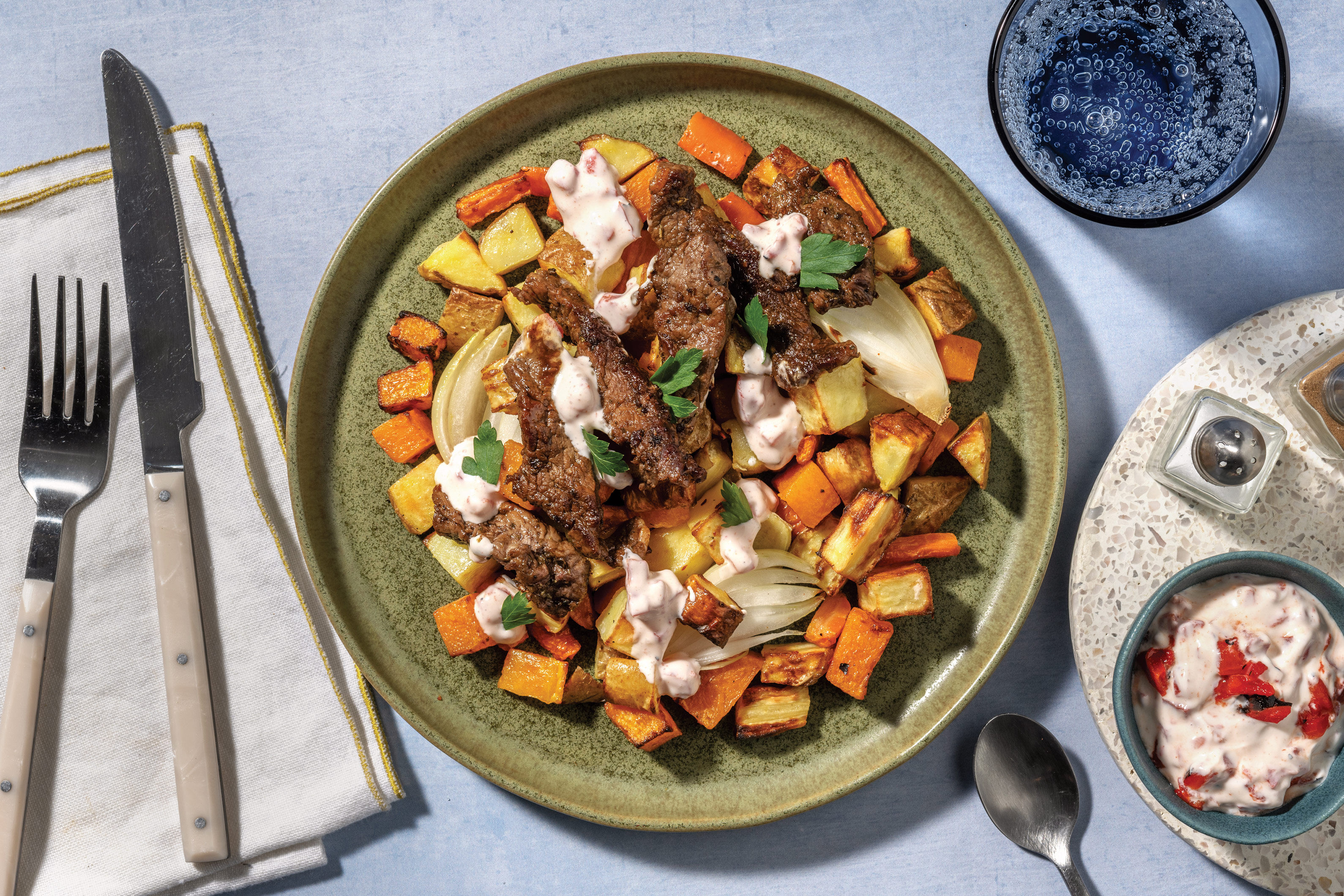 Mediterranean Beef Strips & Roast Veggie Toss Recipe | HelloFresh