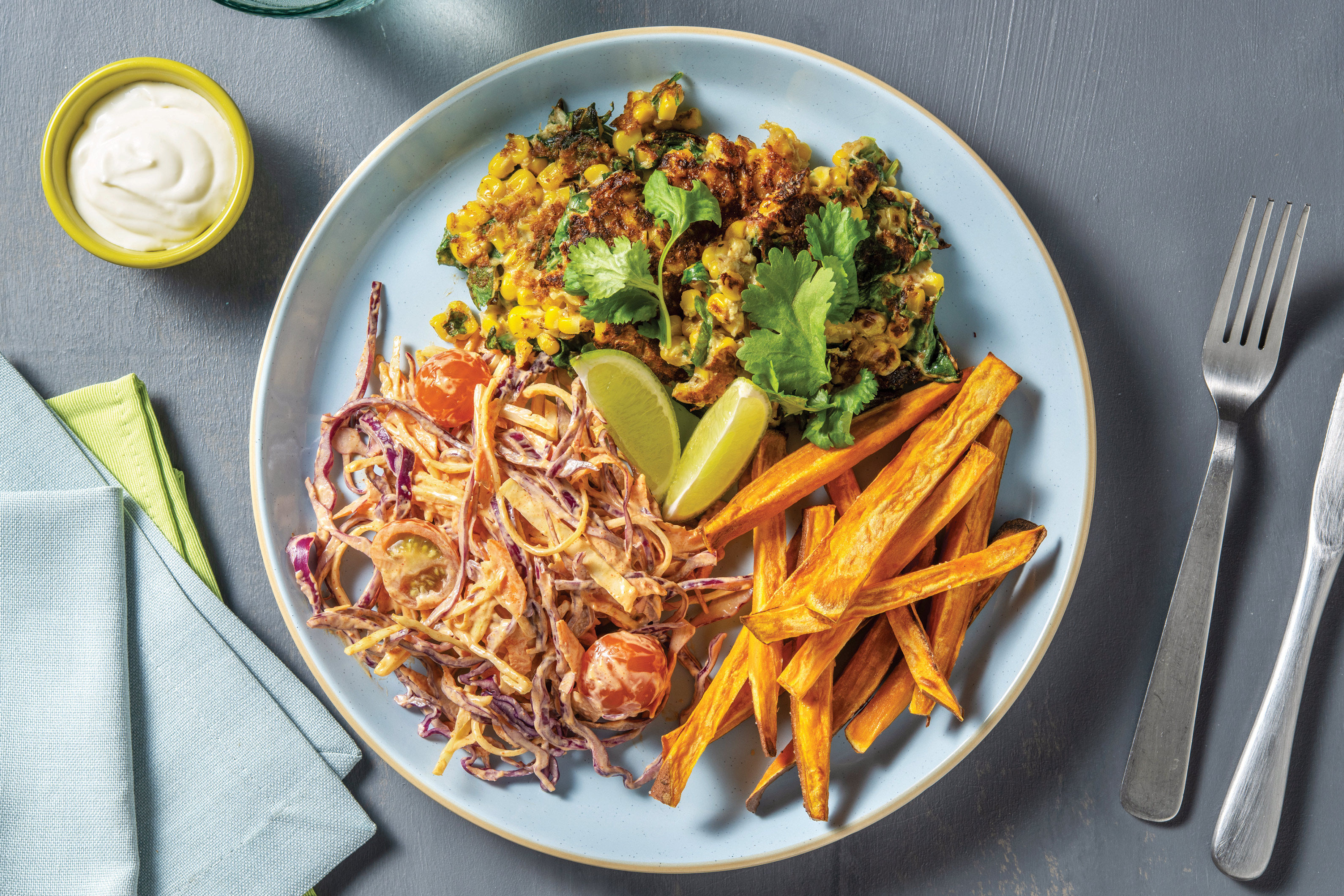 Mexican Corn Fritters & Sweet Potato Fries Recipe | HelloFresh