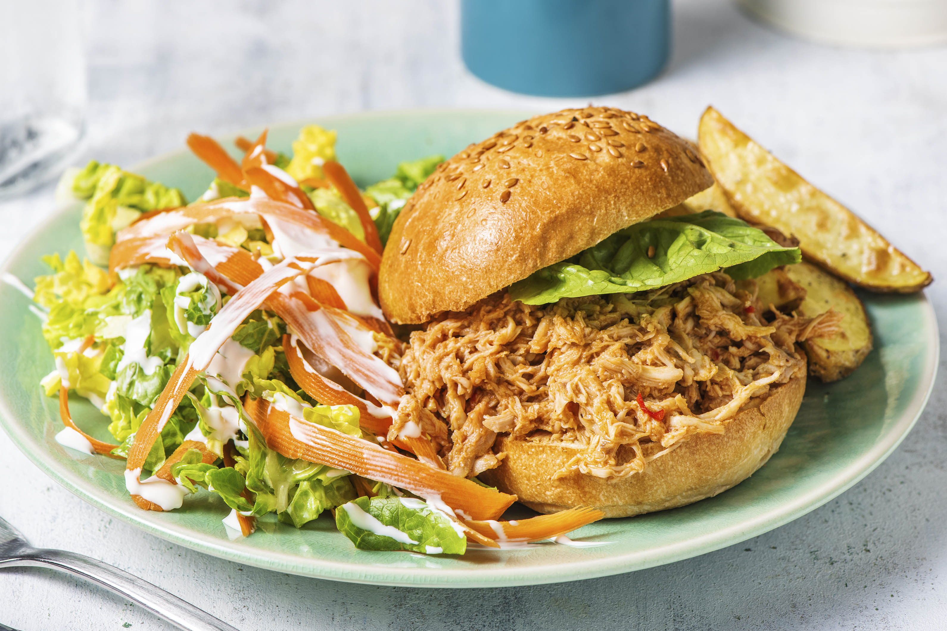 Pulled Chicken Burgers, Wedges & Salad Recipe | HelloFresh