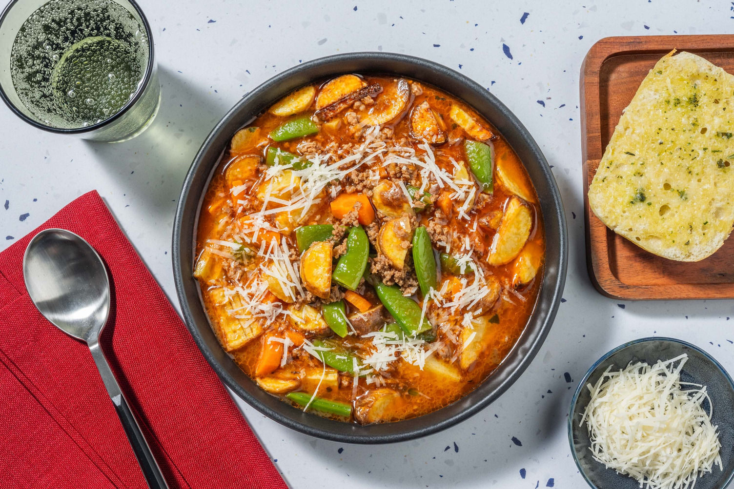 Hearty Protein Shreds and Garden Vegetable Soup Recipe | HelloFresh