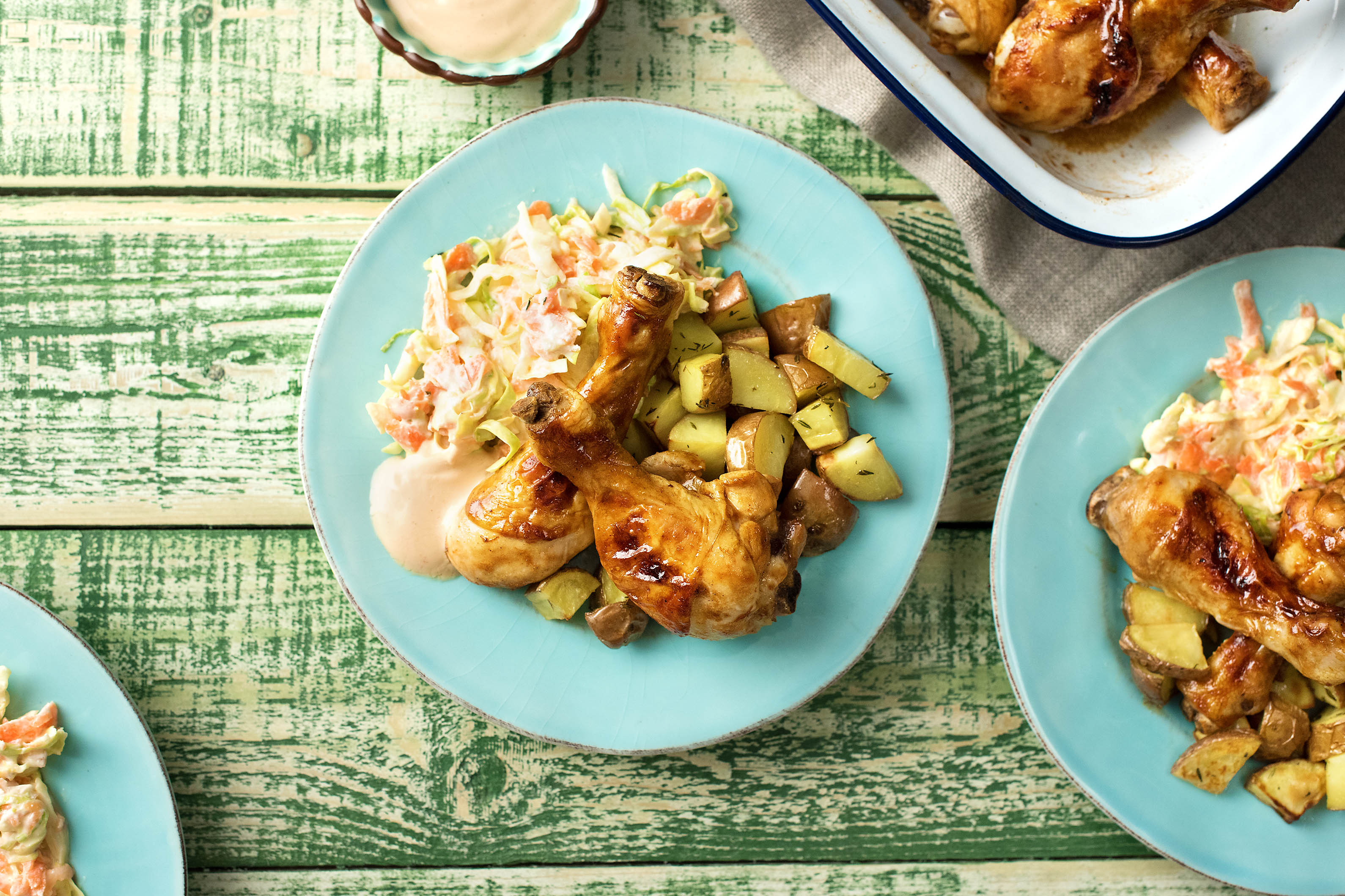 Sticky Chicken Drumsticks with Herby Potatoes Recipe | HelloFresh