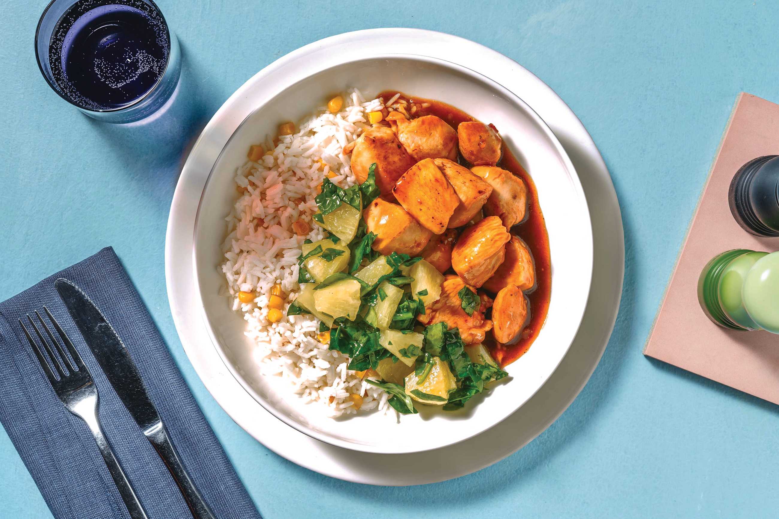 Sticky Luau Chicken & Corn Rice with Charred Pineapple Salsa Recipe ...