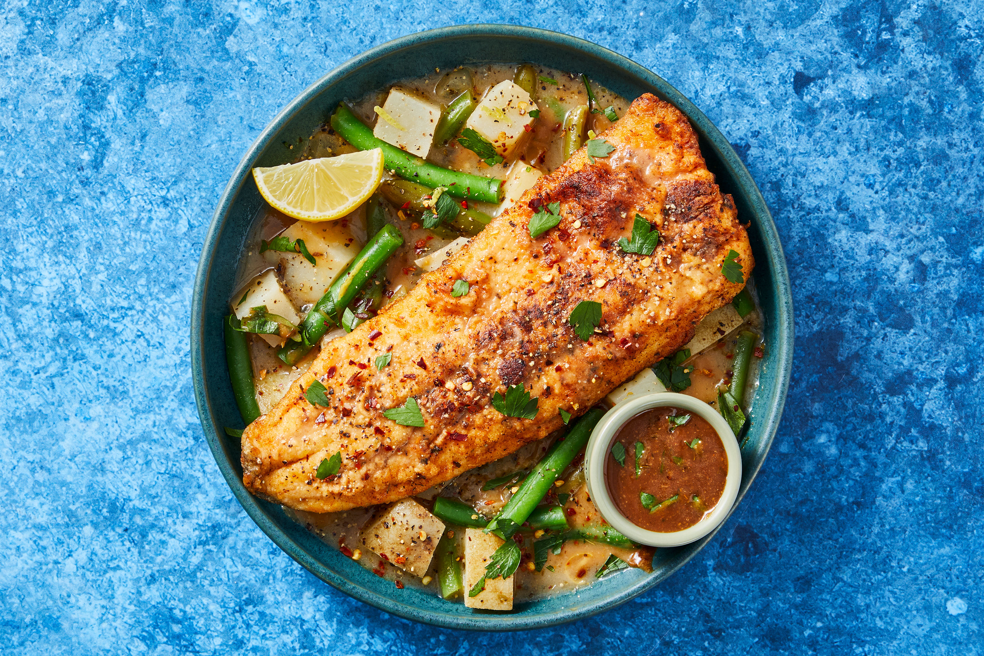 [SIDE VEG DOUBLE GREEN BEANS] Cajun Trout Meuniere with Southern-Style ...