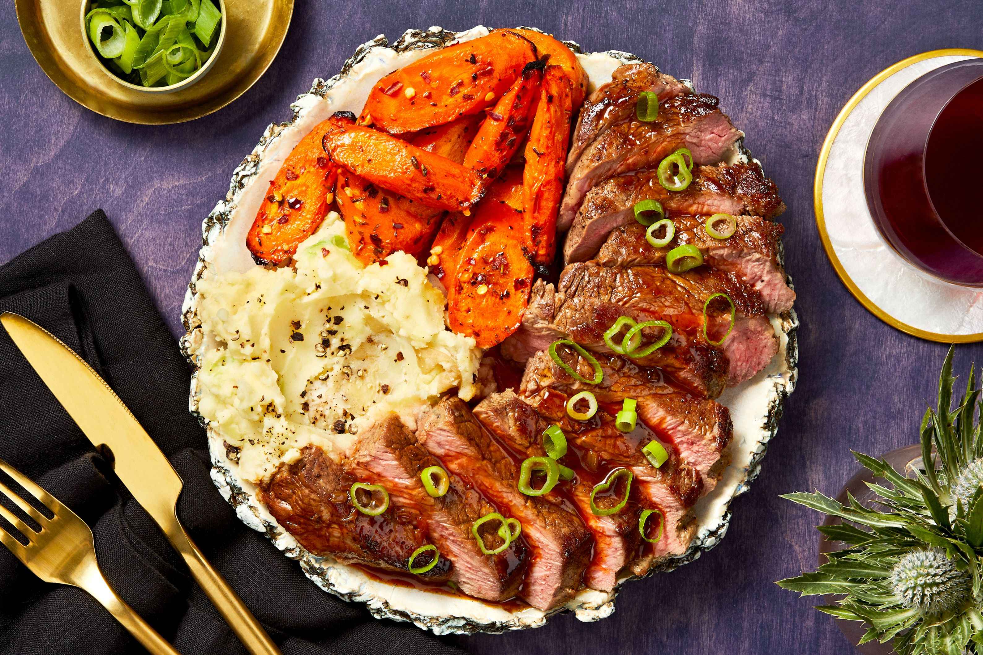 Steakhouse-Style Rib-Eyes with Mashed Potatoes and Carrots Recipe ...