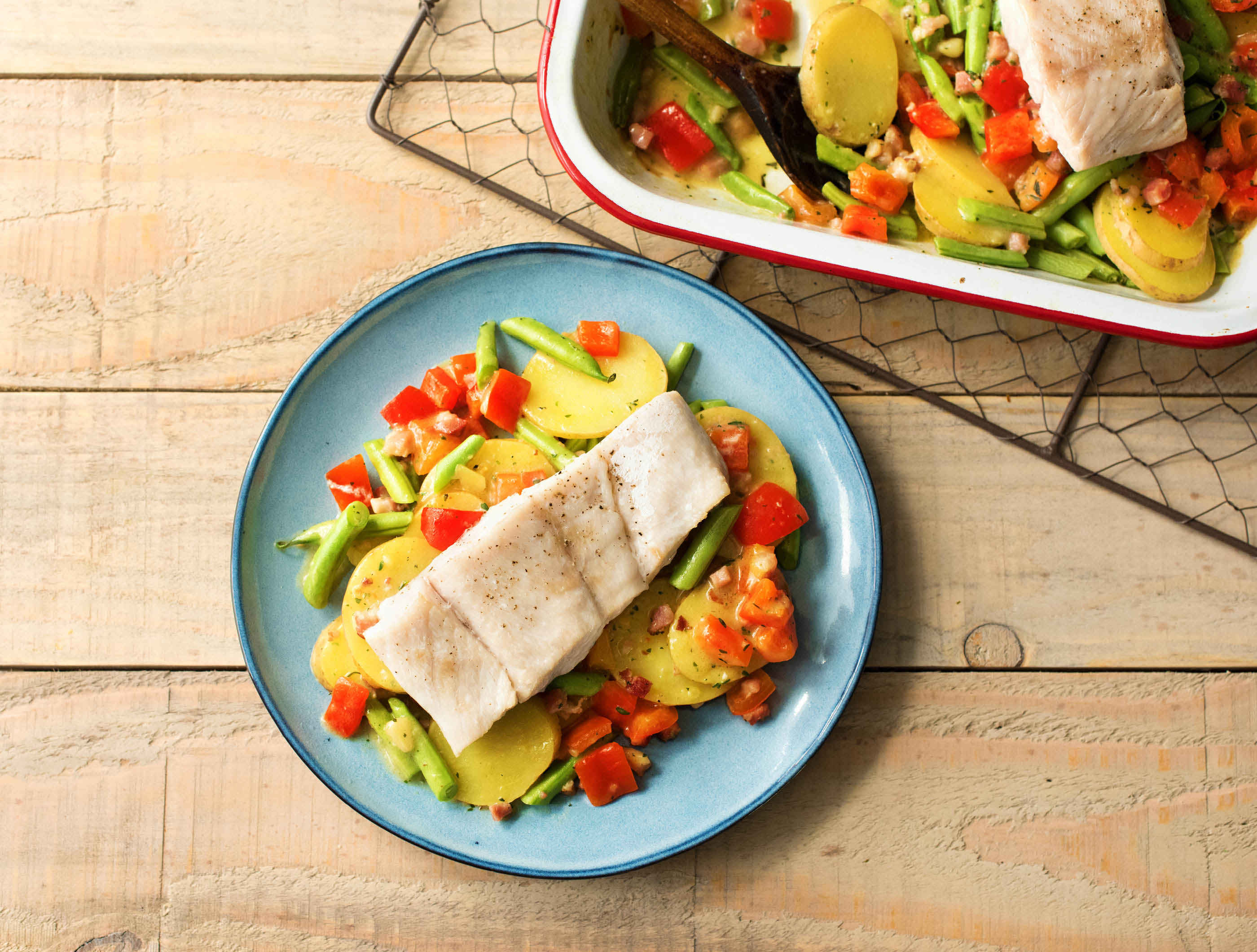 Pommes de terre crémeuses au filet de bar Victoria et aux lardons ...