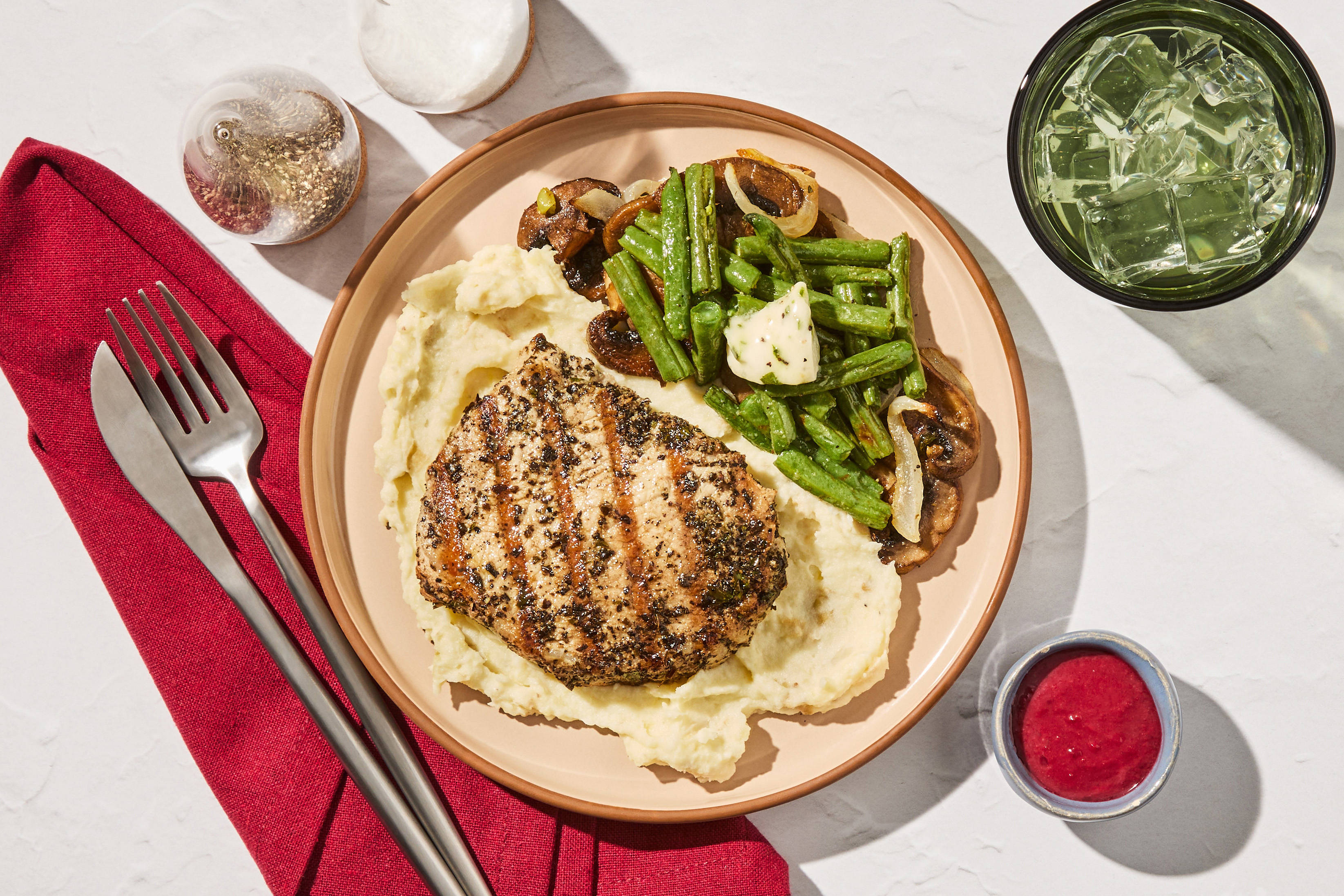 Cherry Jam Pork Chop with Potato-Celeriac Mash, Mushrooms, Green Beans ...