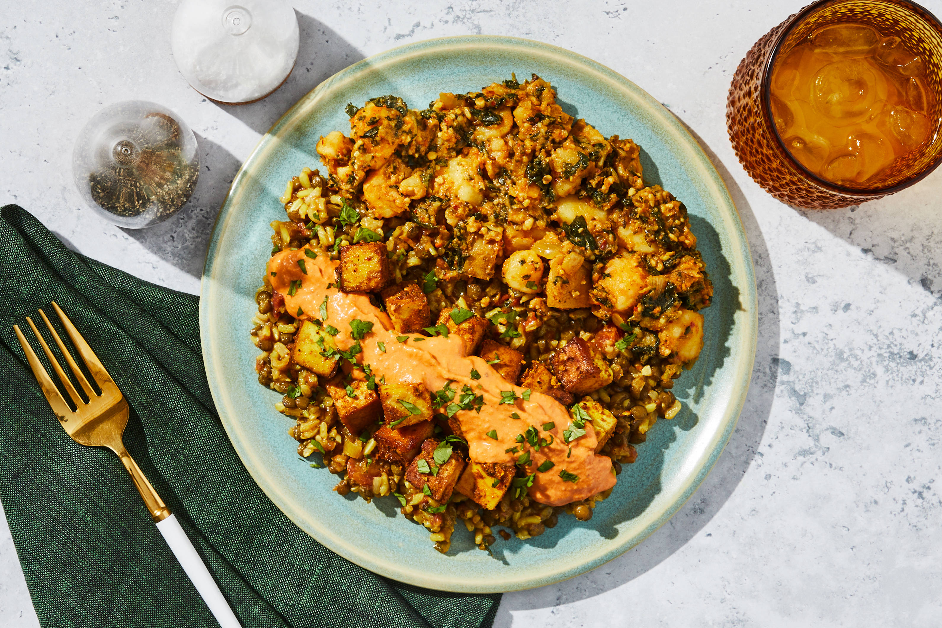 Indian Butter Tofu, Lentils & Rice with Curry-Spiced Spinach & Potatoes ...