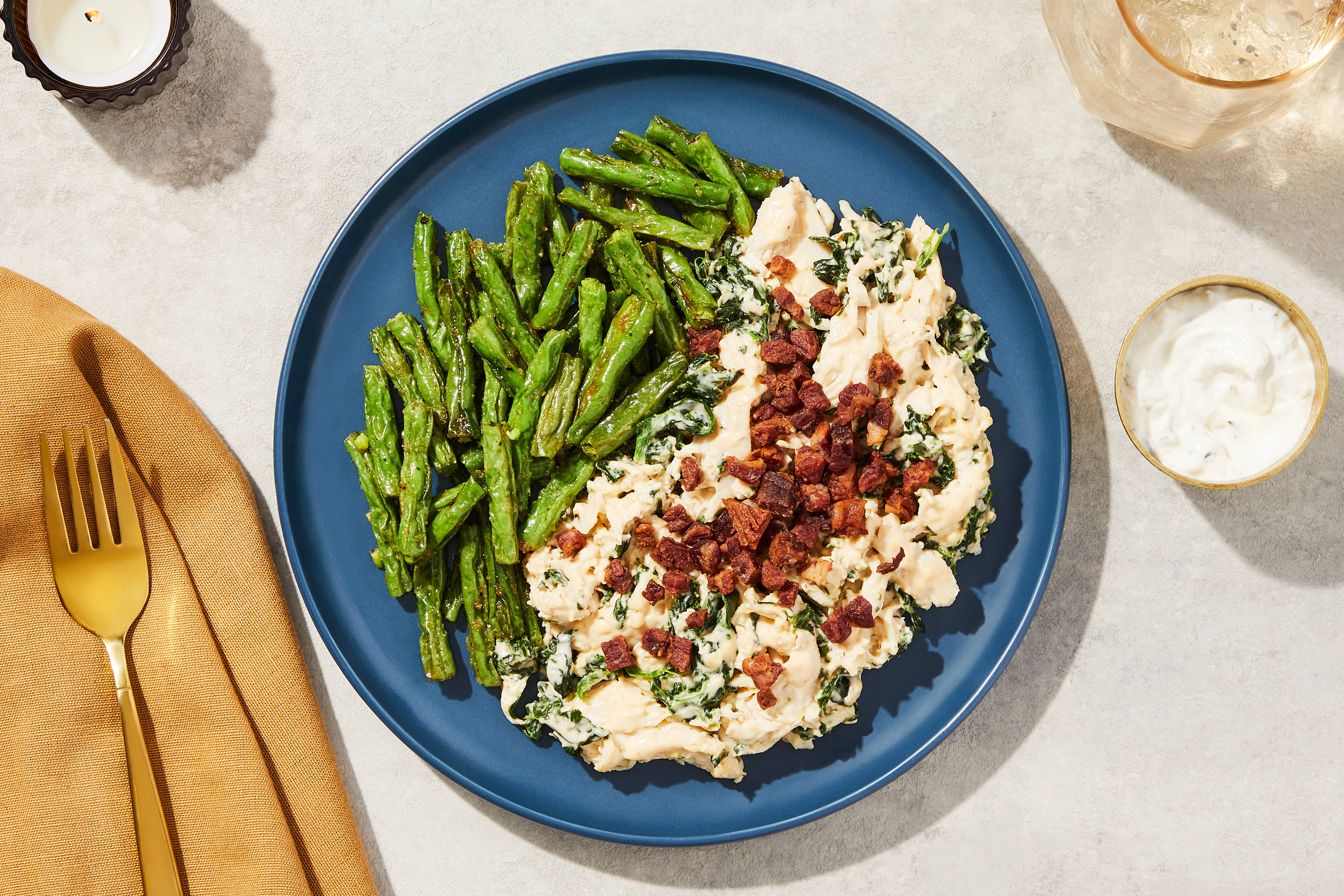 Loaded Bacon Shredded Chicken with Sauteed Spinach, Green Beans & Ranch ...