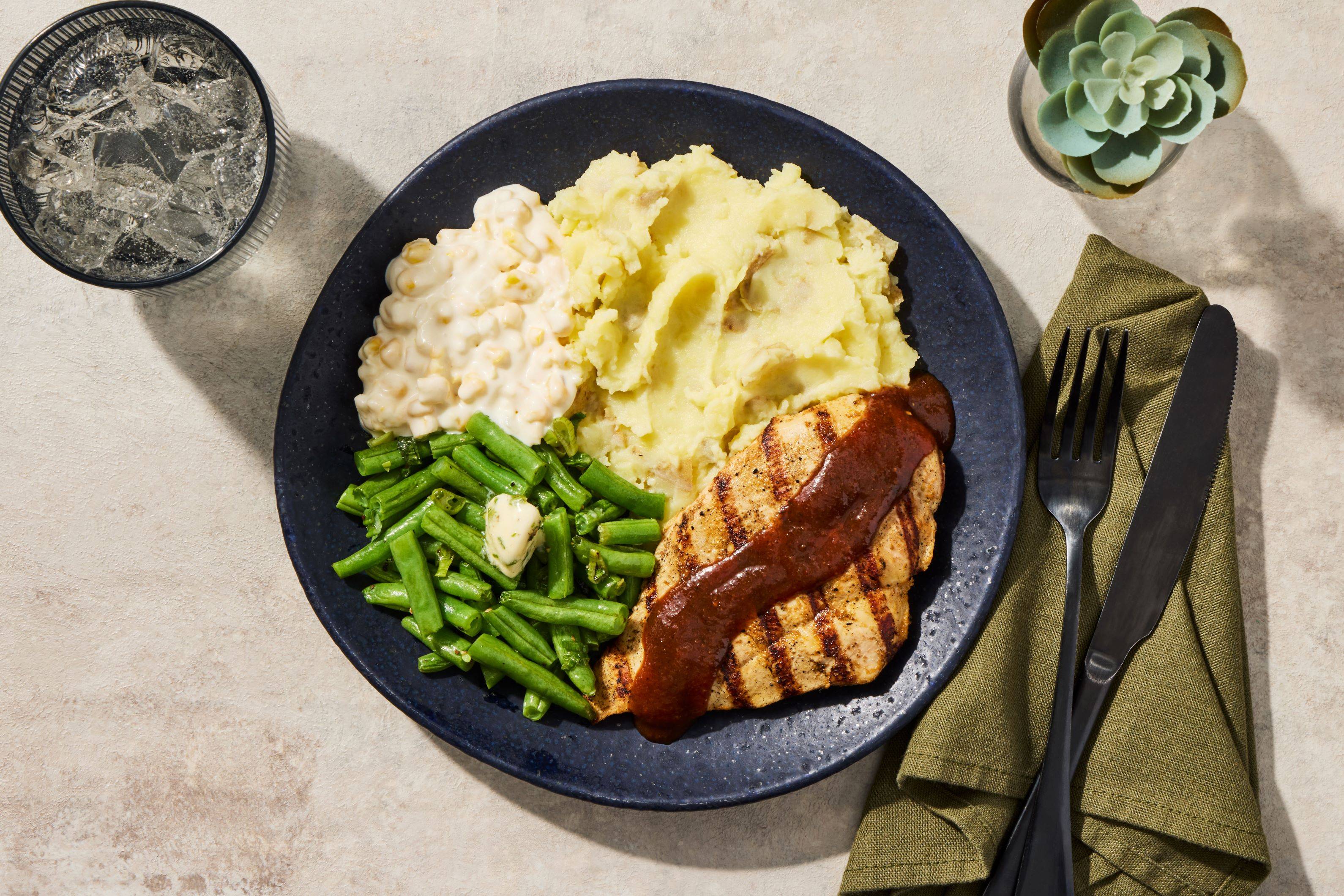 Smoky BBQ Chicken Breast with Mashed Potatoes, Creamed Corn & Chive ...