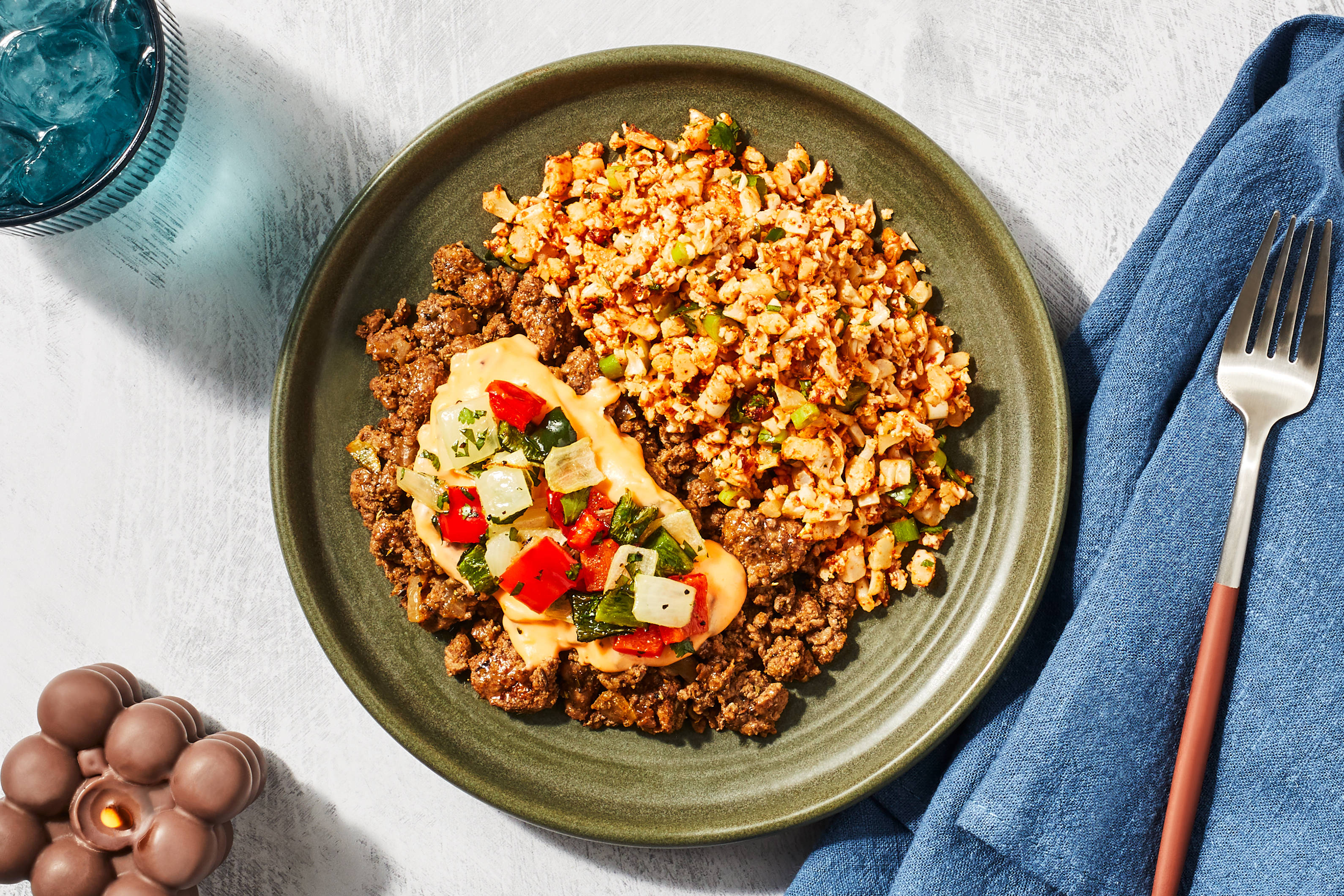 Tex-Mex Beef Bowl with Green Chile Cheese Sauce & Cauliflower Rice - Factor