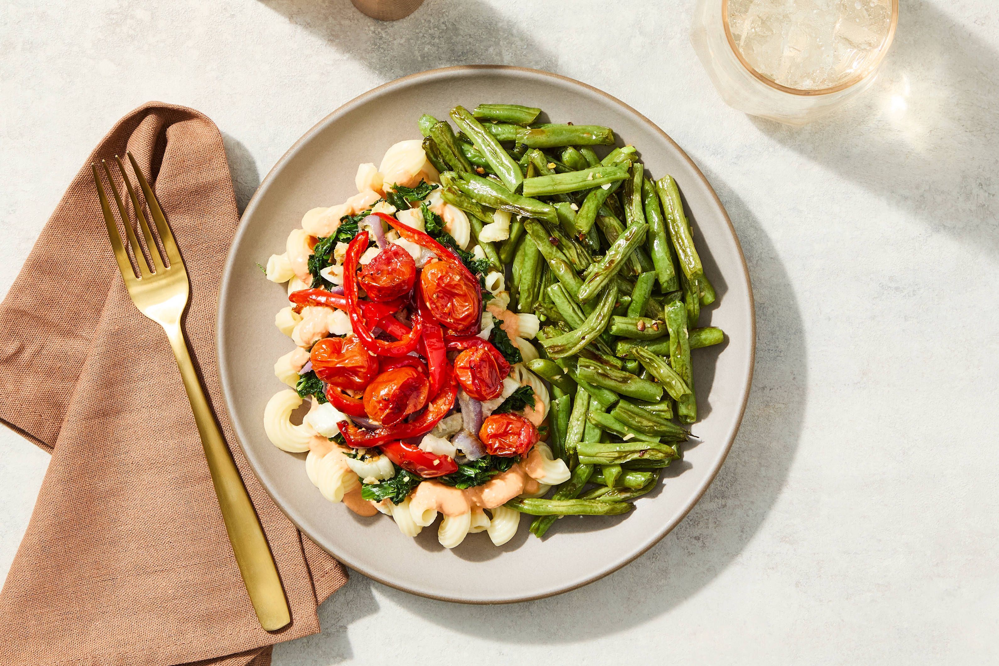Tomato-Goat Cheese Cavatappi Primavera with Roasted Garlic Green Beans ...