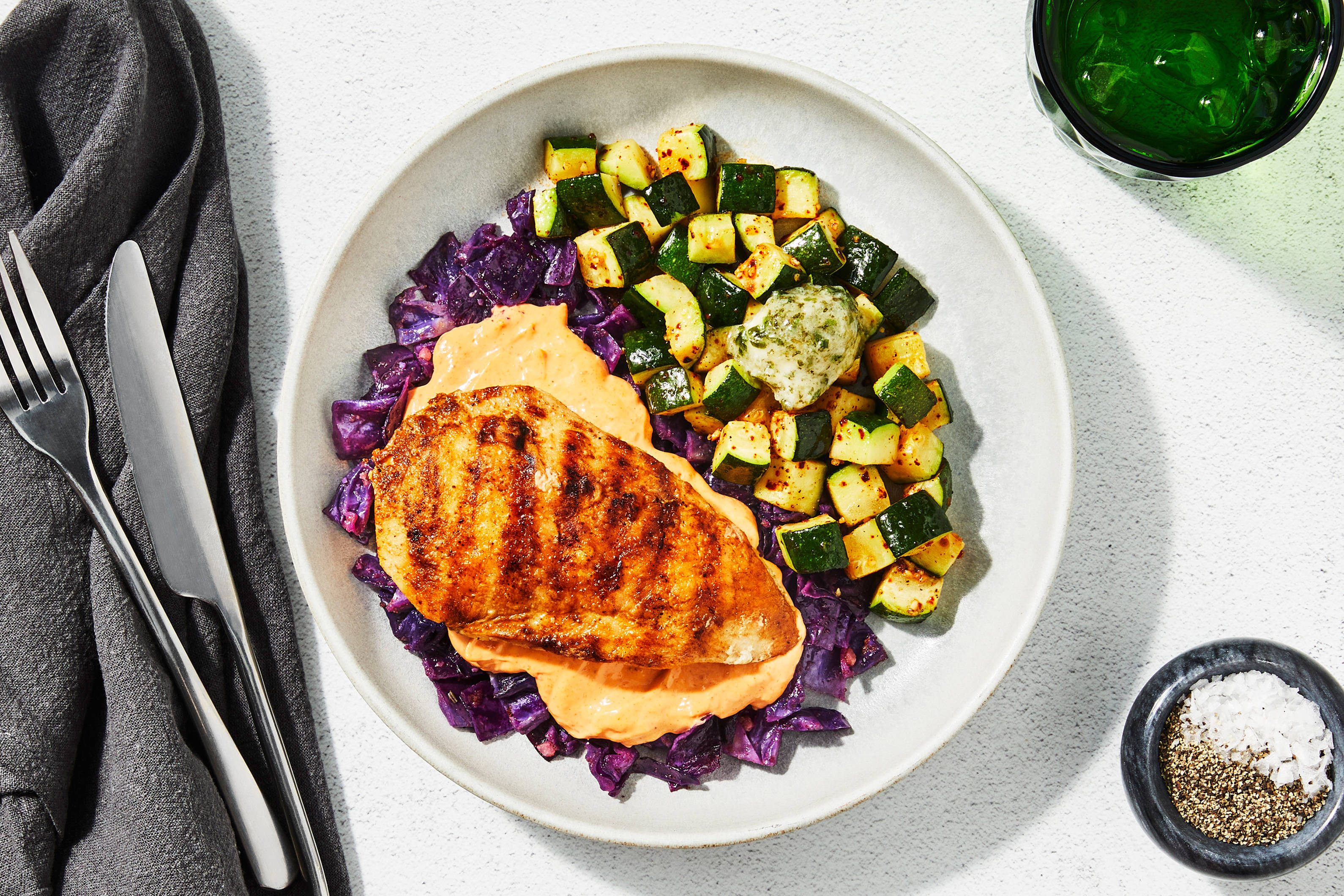 Chile Roasted Chicken with Red Pepper Cream, Purple Cabbage & Zucchini ...