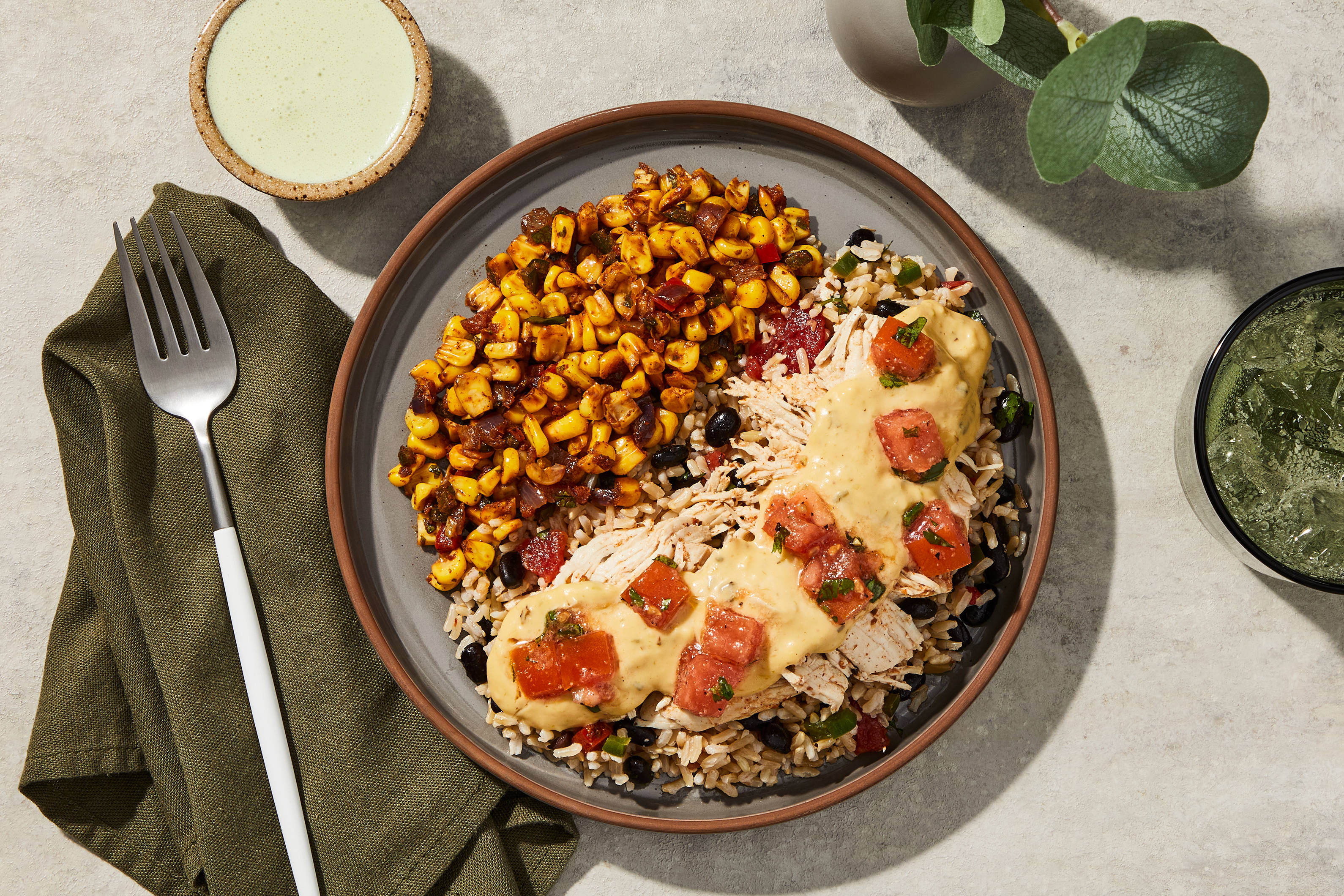 Shredded Chicken Taco Bowl with Roasted Corn Salsa & Cilantro Sour ...