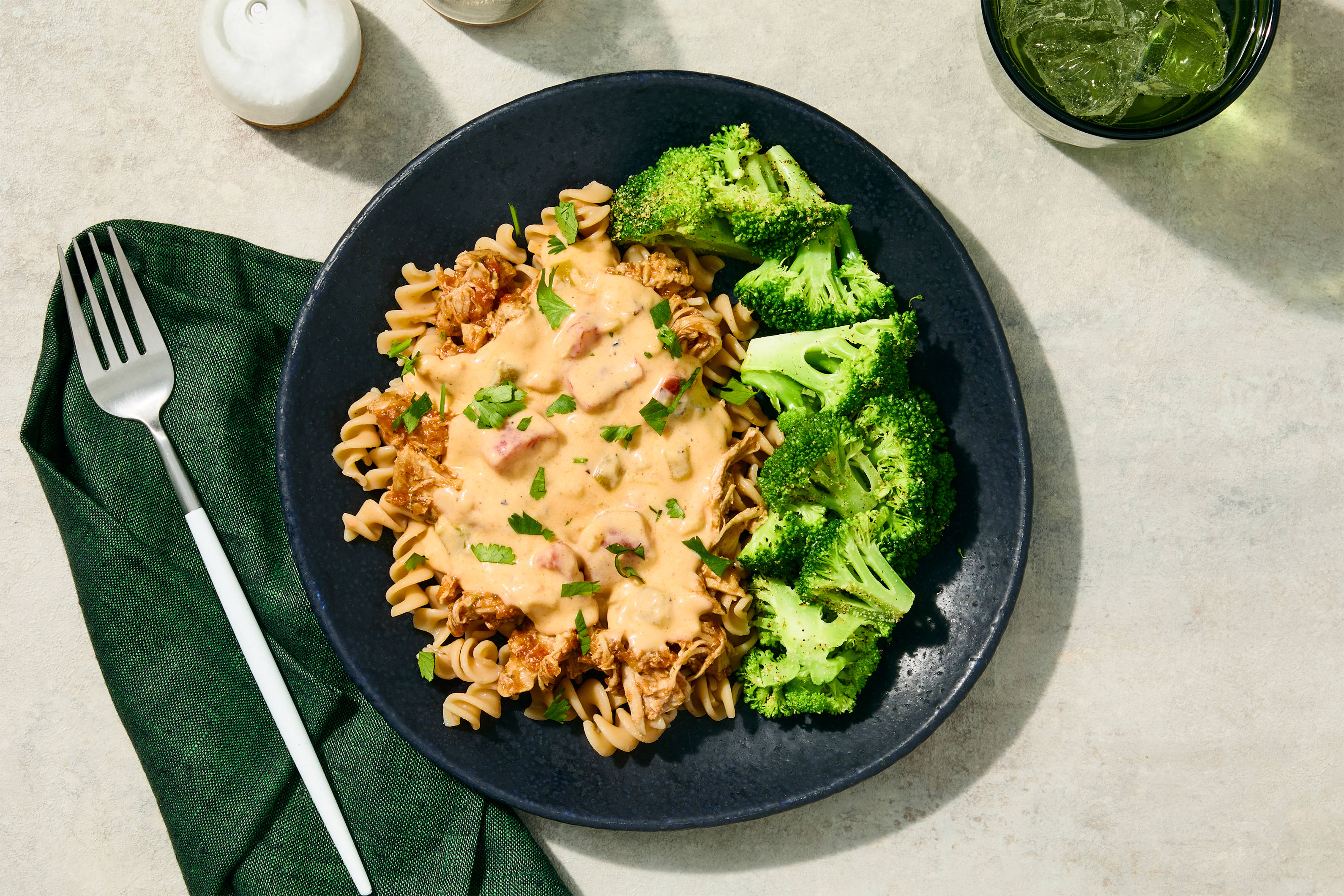 Green Chile Queso & Chicken Thigh Fusilli with Salt & Pepper Roasted ...