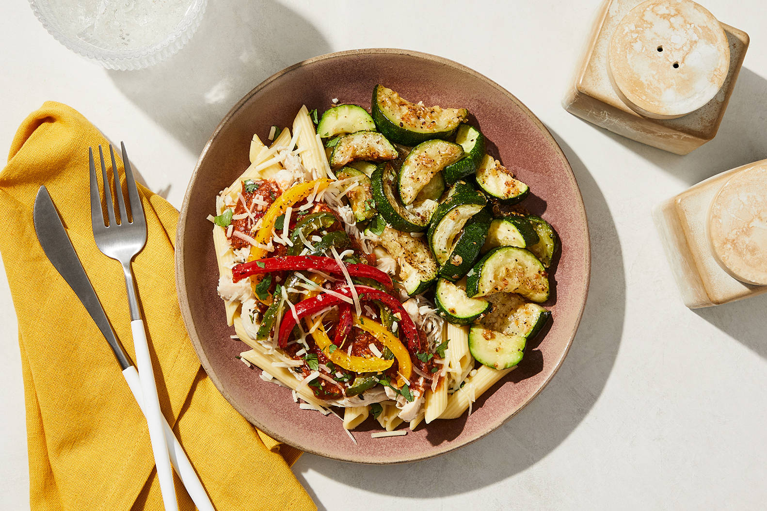 Roman-Style Chicken Thigh Penne with Roasted Peppers & Parmesan-Roasted ...