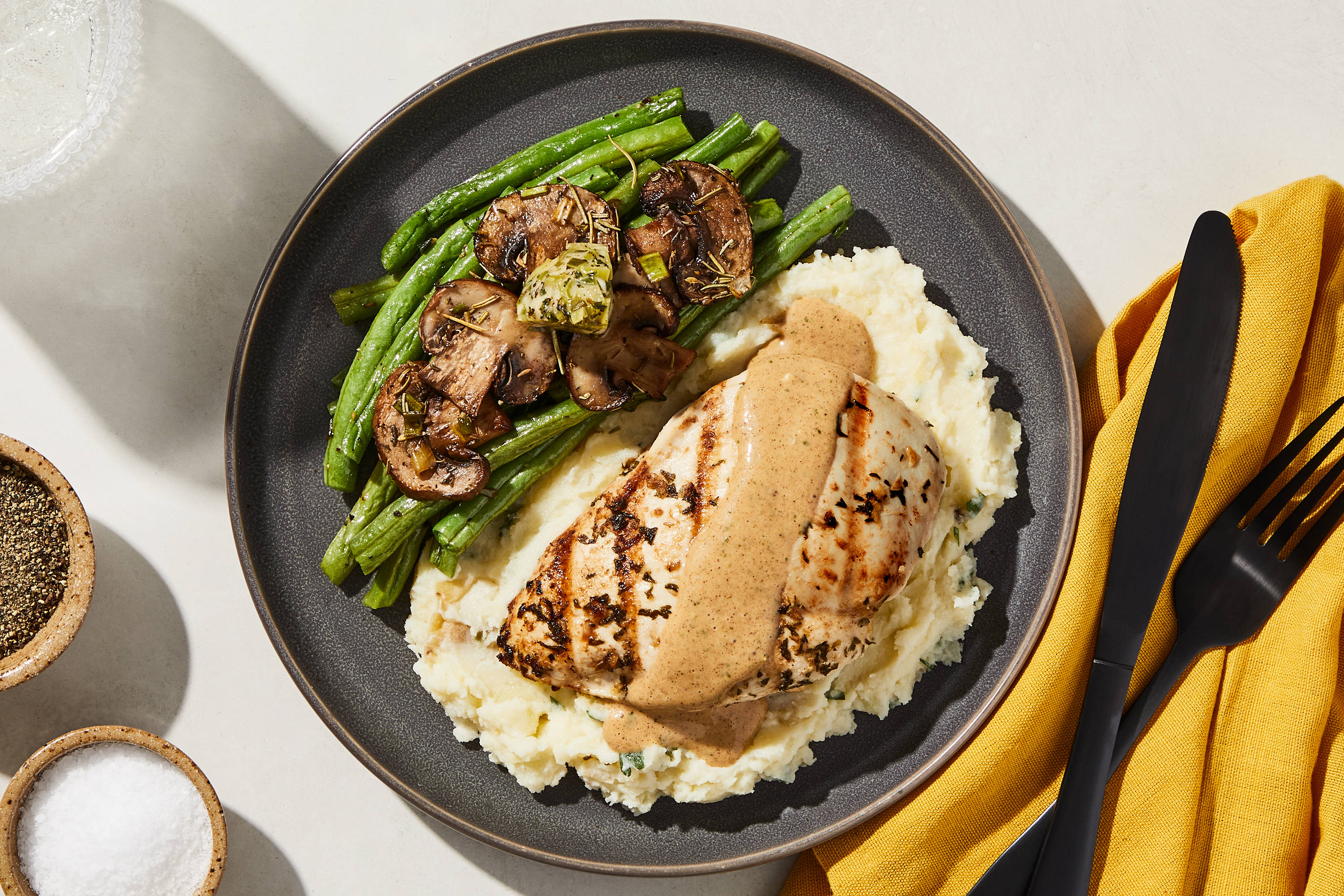 Browned Butter Grilled Chicken & Yukon Mash with Roasted Green Beans ...