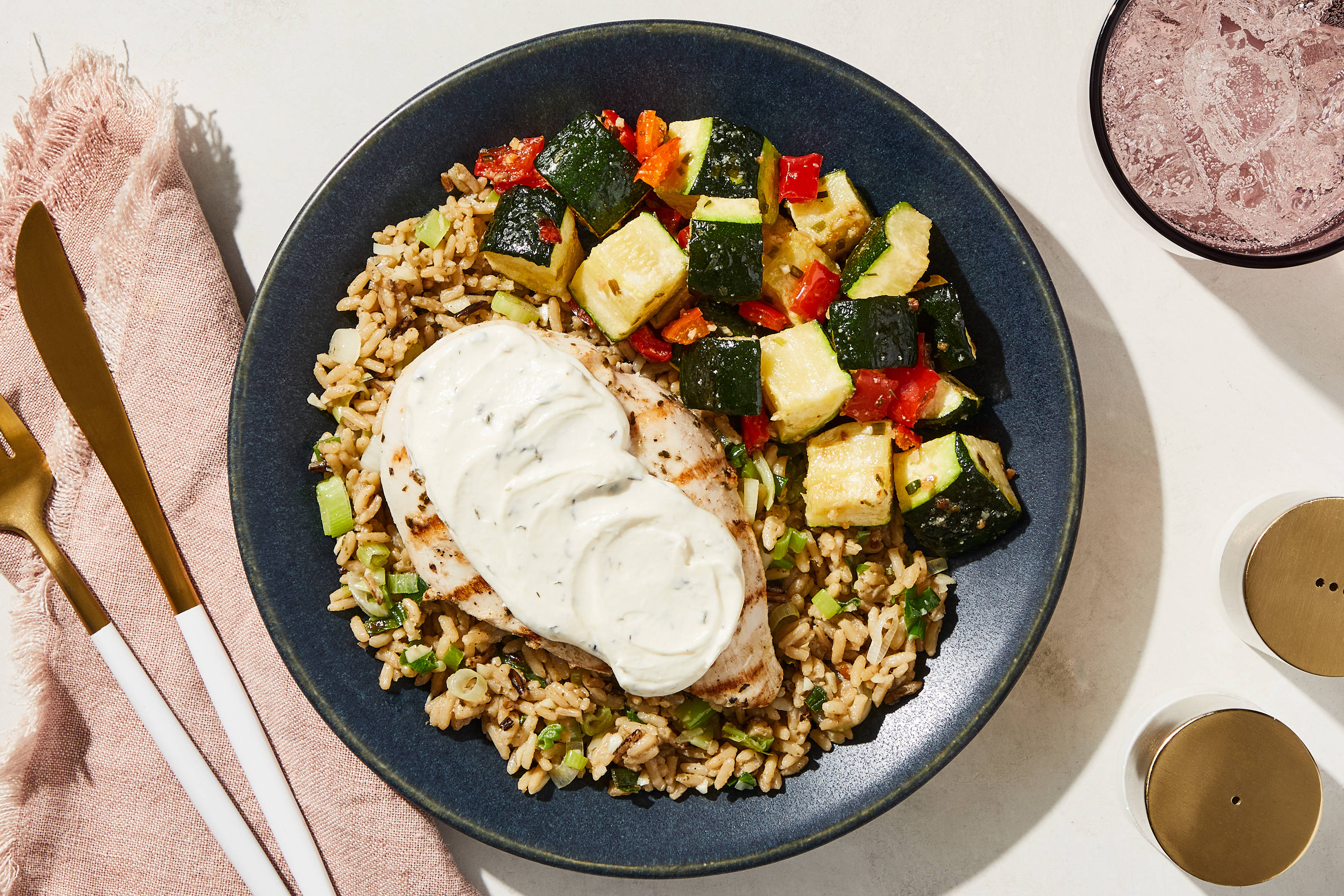 Garden Herb Gournay Chicken with Scallion Wild Rice, Roasted Zucchini ...