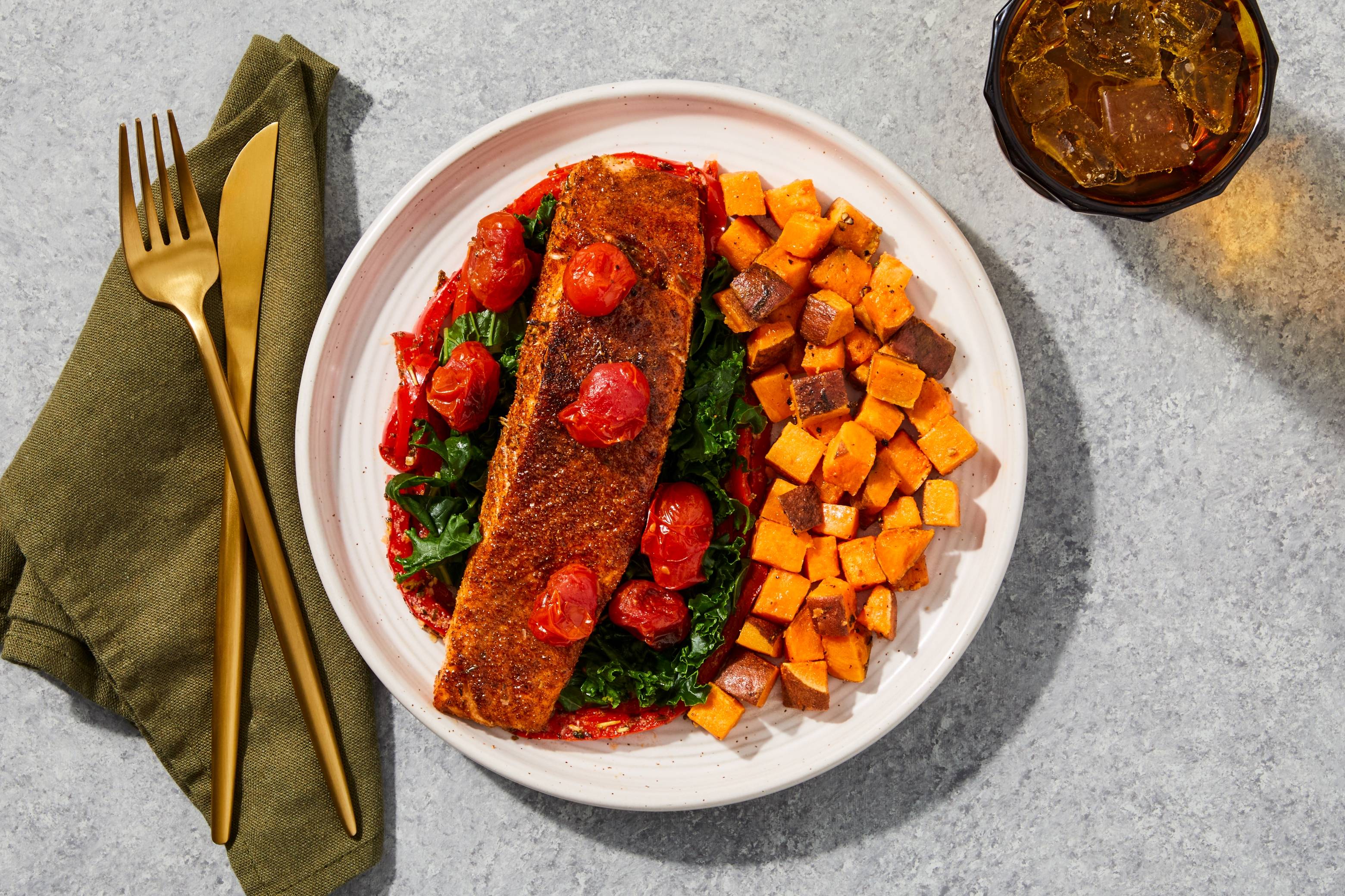 Spanish-Spiced Salmon with Garlic Kale, Tomatoes, Red Peppers & Sweet ...