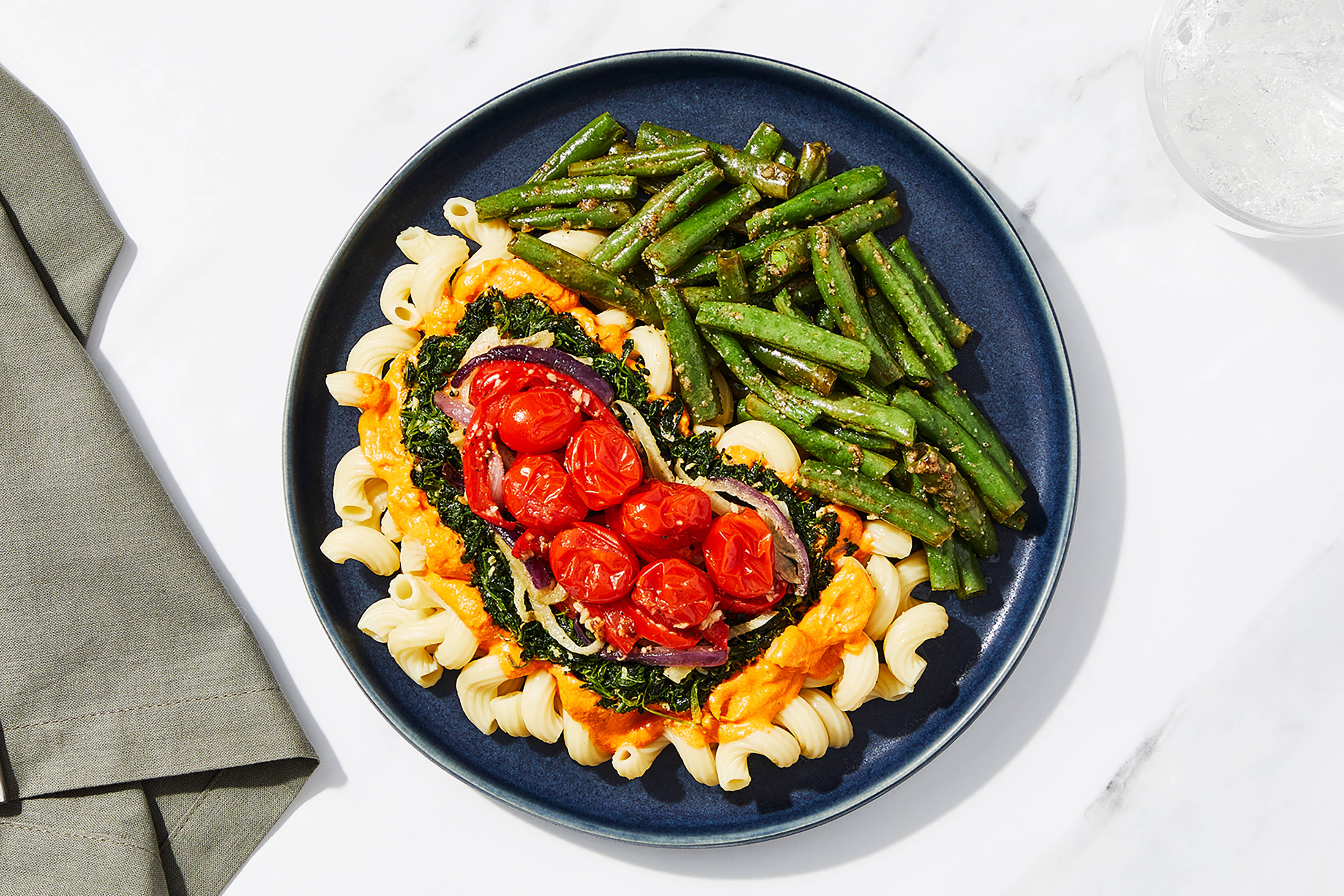 Tomato-Goat Cheese Cavatappi Primavera with Roasted Garlic Green Beans ...