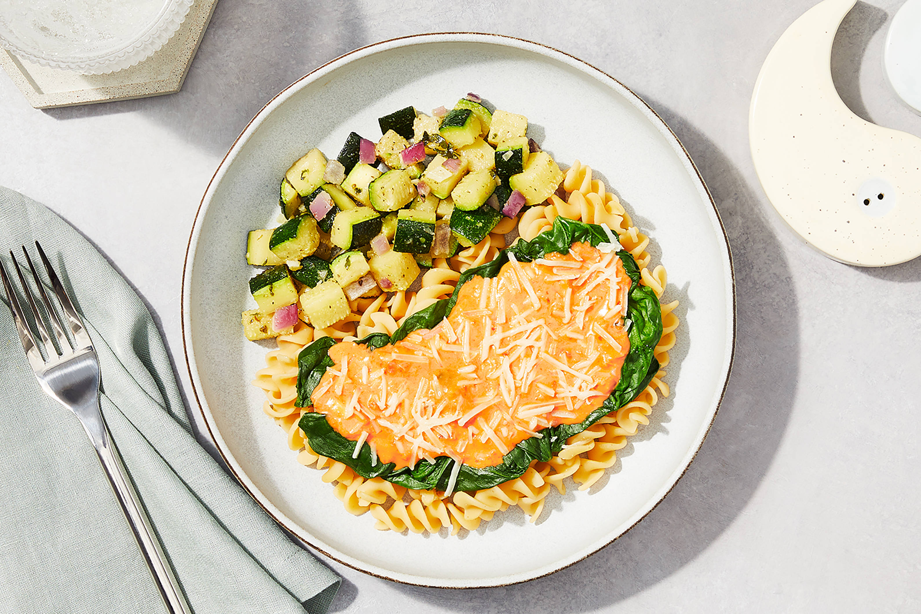 Sun-Dried Tomato Fusilli + Chicken with Italian Herb-Roasted Zucchini ...
