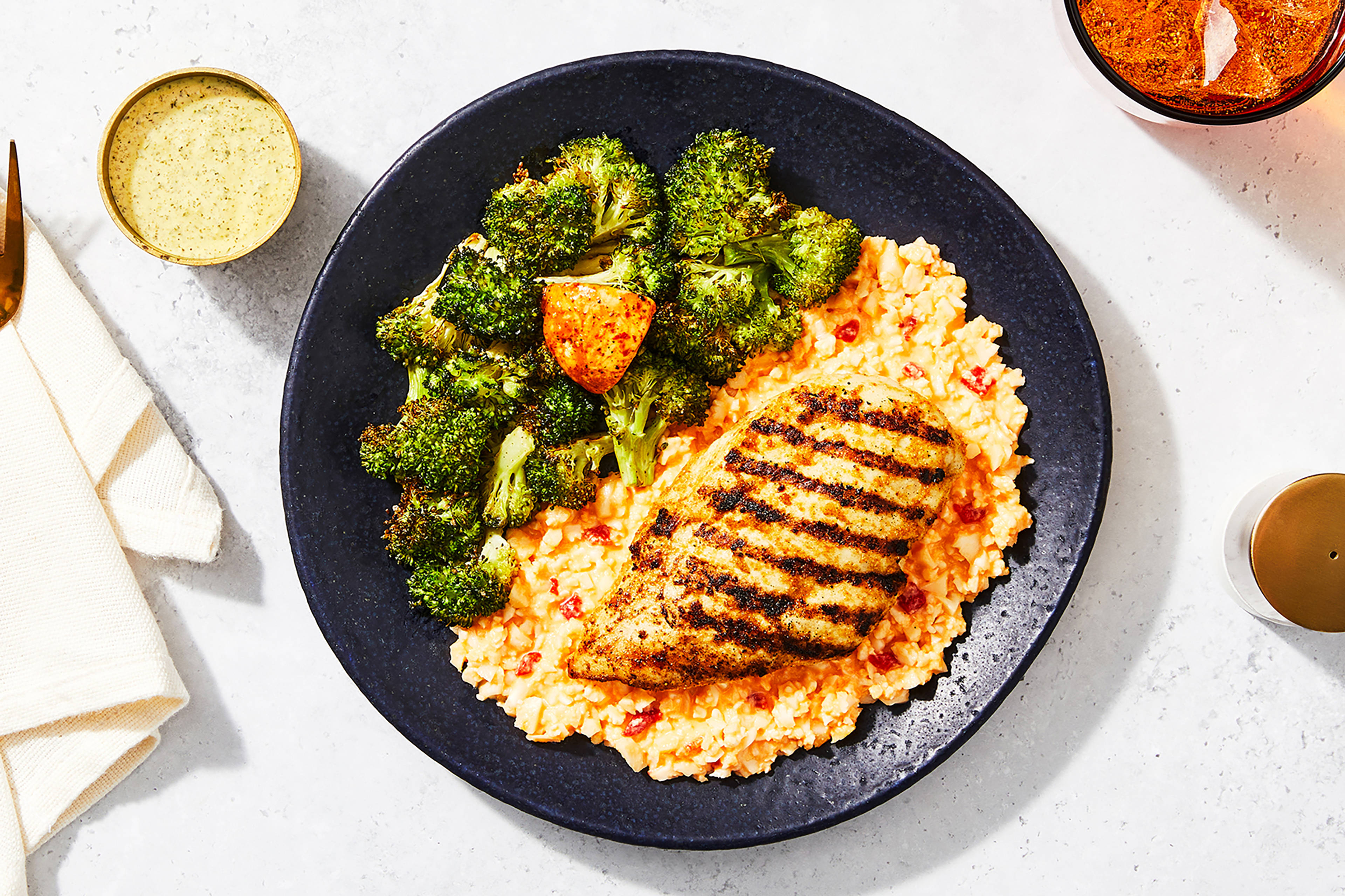 Peruvian-Style Chicken with Red Pepper Cauliflower "Grits" & Broccoli ...