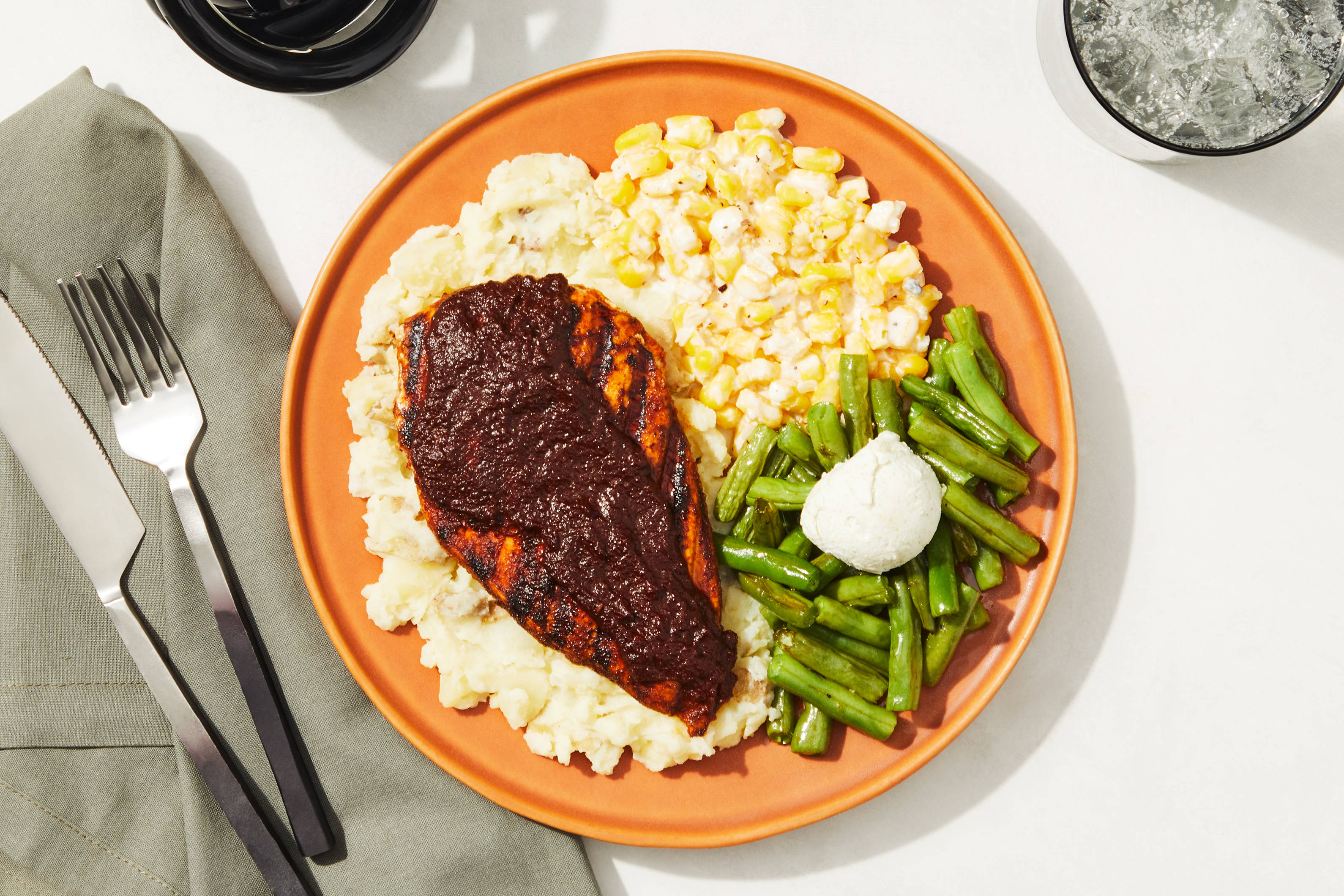 Smoky BBQ Chicken Breast with Mashed Potatoes, Creamed Corn & Green ...