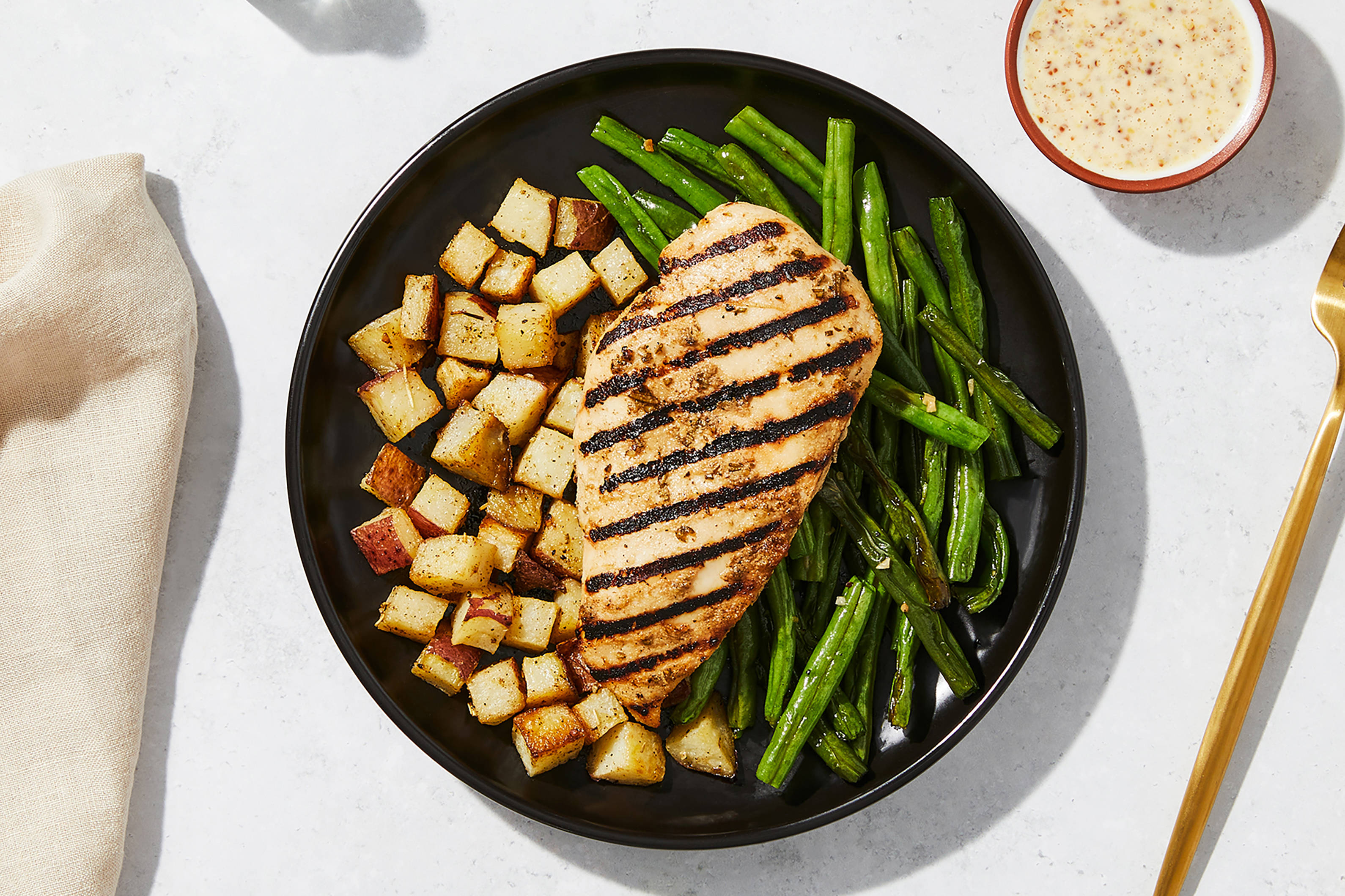 Honey Mustard Chicken with Roasted Rosemary Potatoes & Garlic Green ...