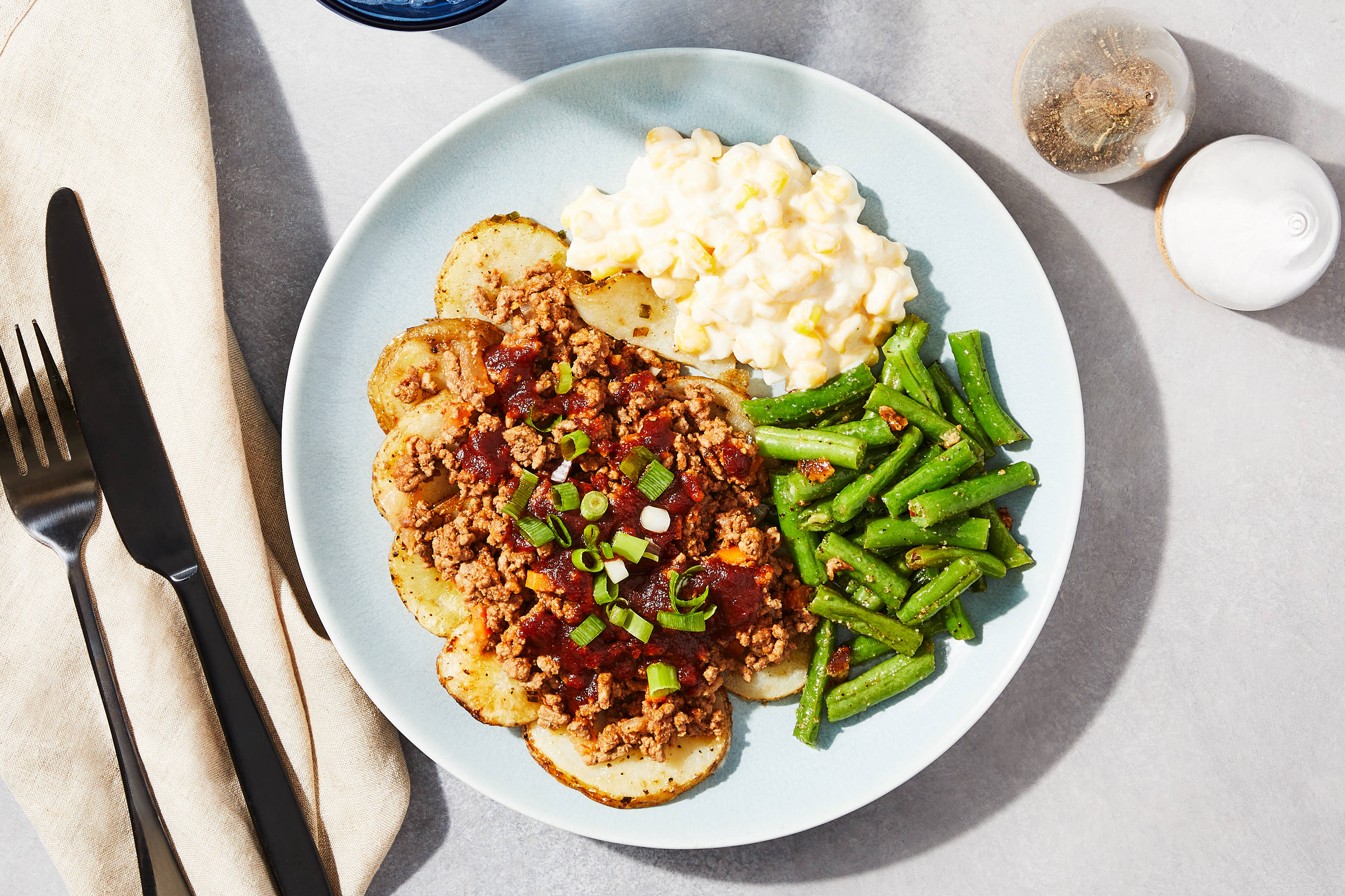 Maple BBQ Ground Beef with Roasted Potatoes, Green Beans & Creamed Corn ...