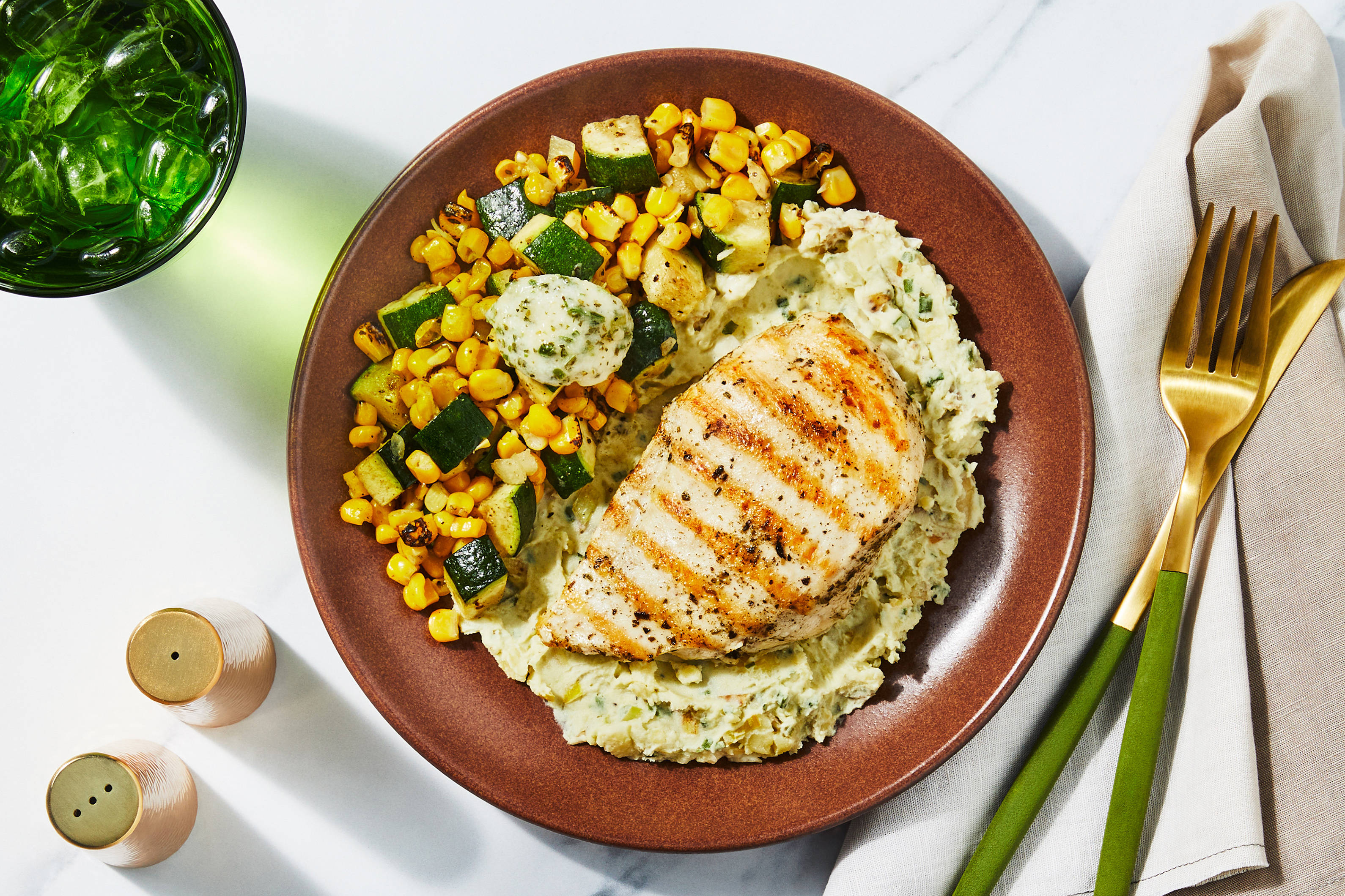 Potato Leek Mash & Grilled Chicken with Roasted Corn & Zucchini Saute ...