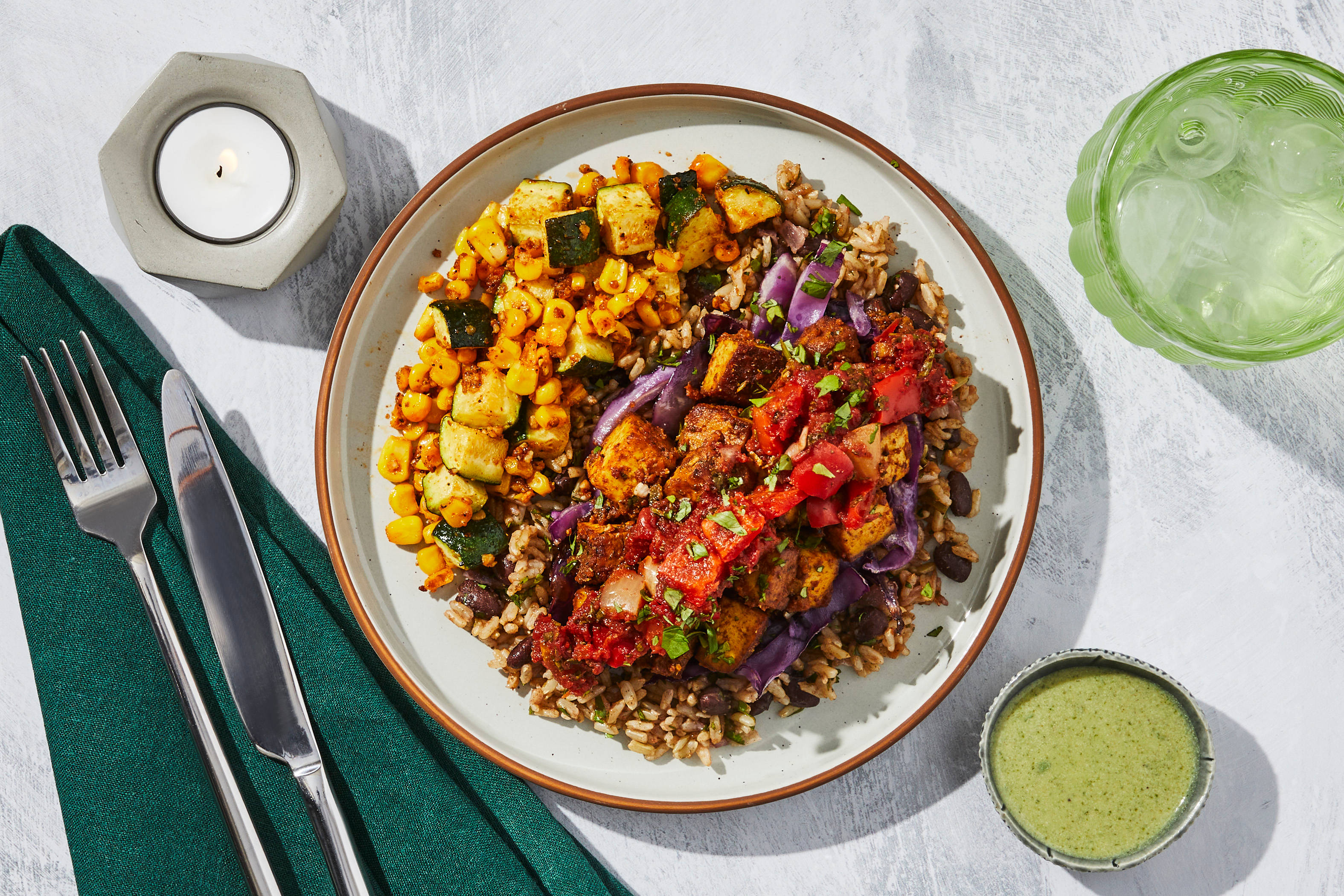 Baja Tofu, Black Beans & Rice with Roasted Red Cabbage, Zucchini-Corn ...