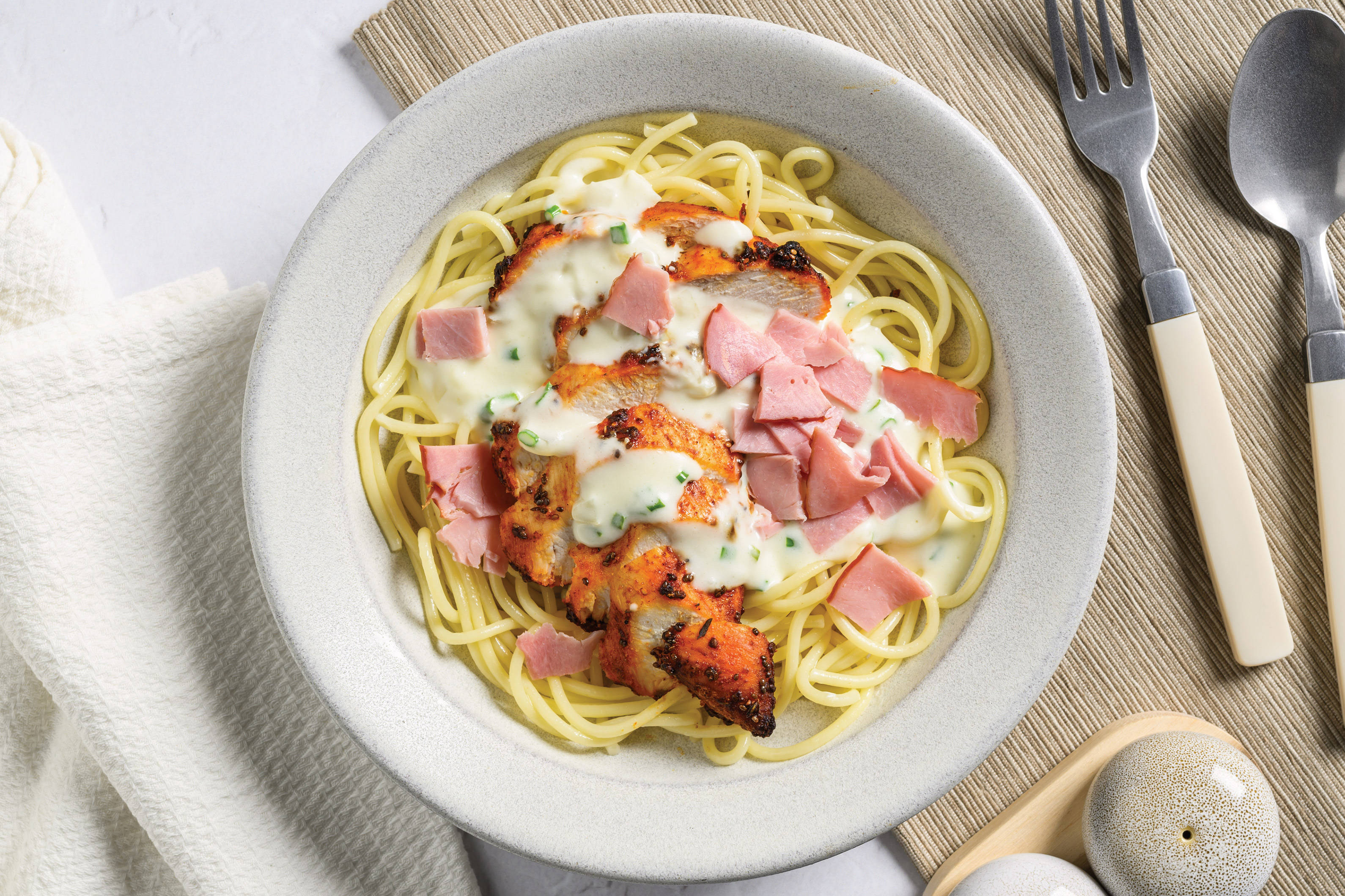 Creamy Chicken & Ham Alfredo with Spaghetti | Youfoodz Meal Delivery ...