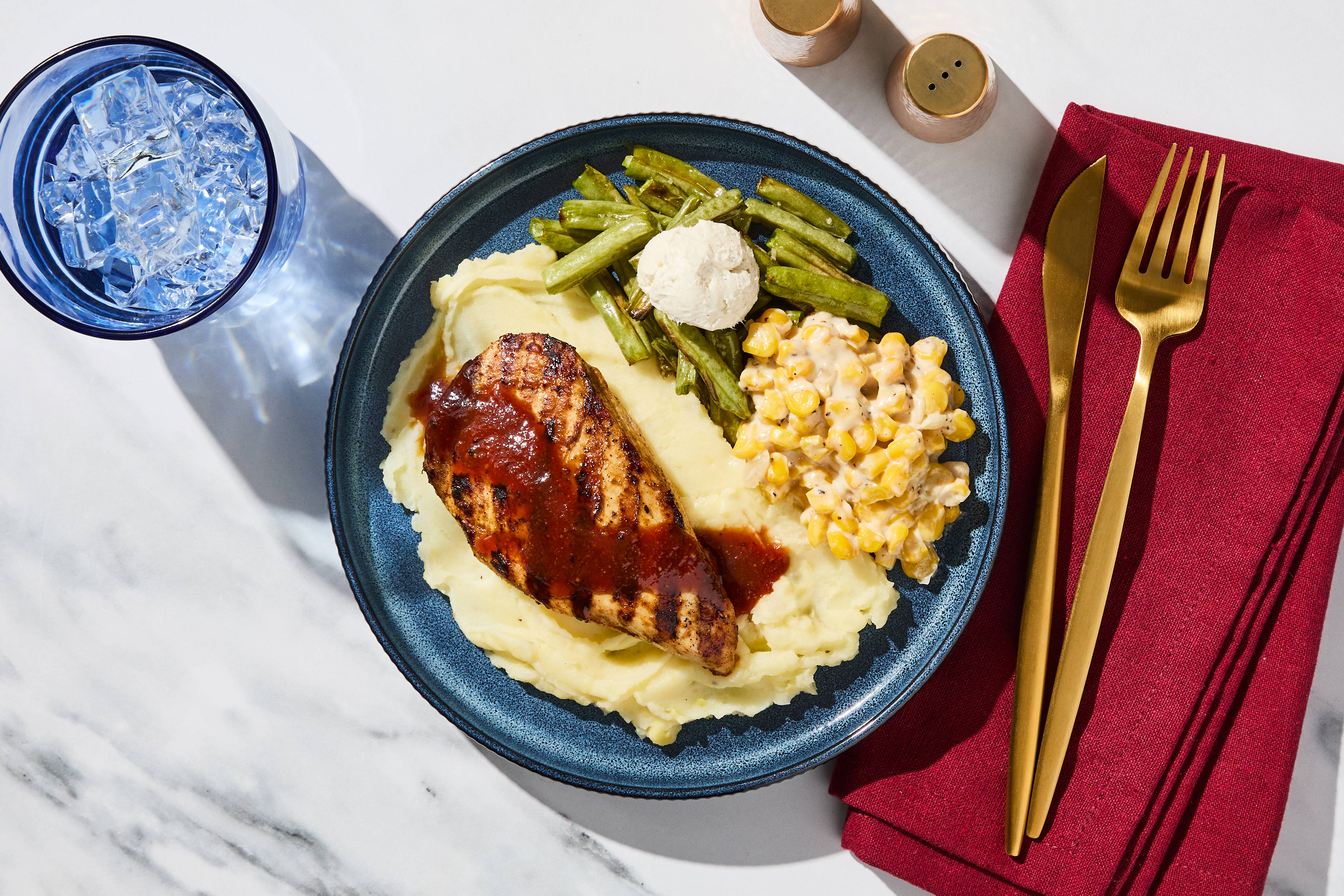 Smoky BBQ Chicken Breast with Mashed Potatoes, Creamed Corn & Green ...